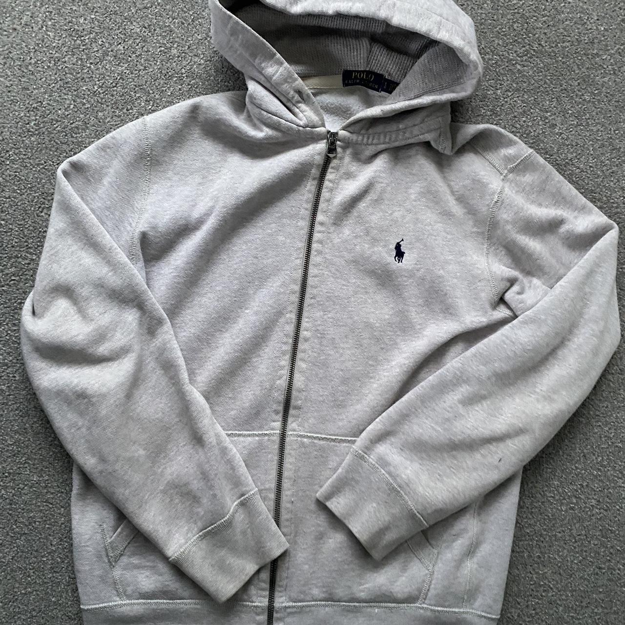 Grey ralph lauren zip up hoodie, Size Large, Worn... - Depop
