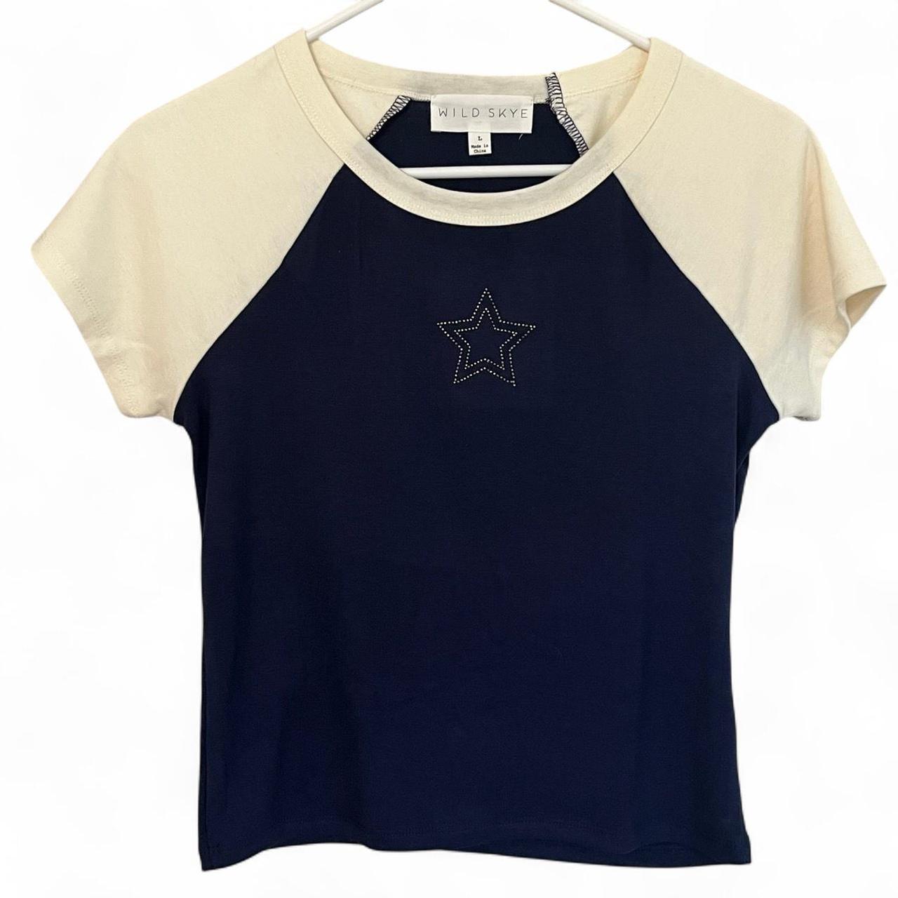Slightly cropped star baby tee Navy/white, Size... | Depop