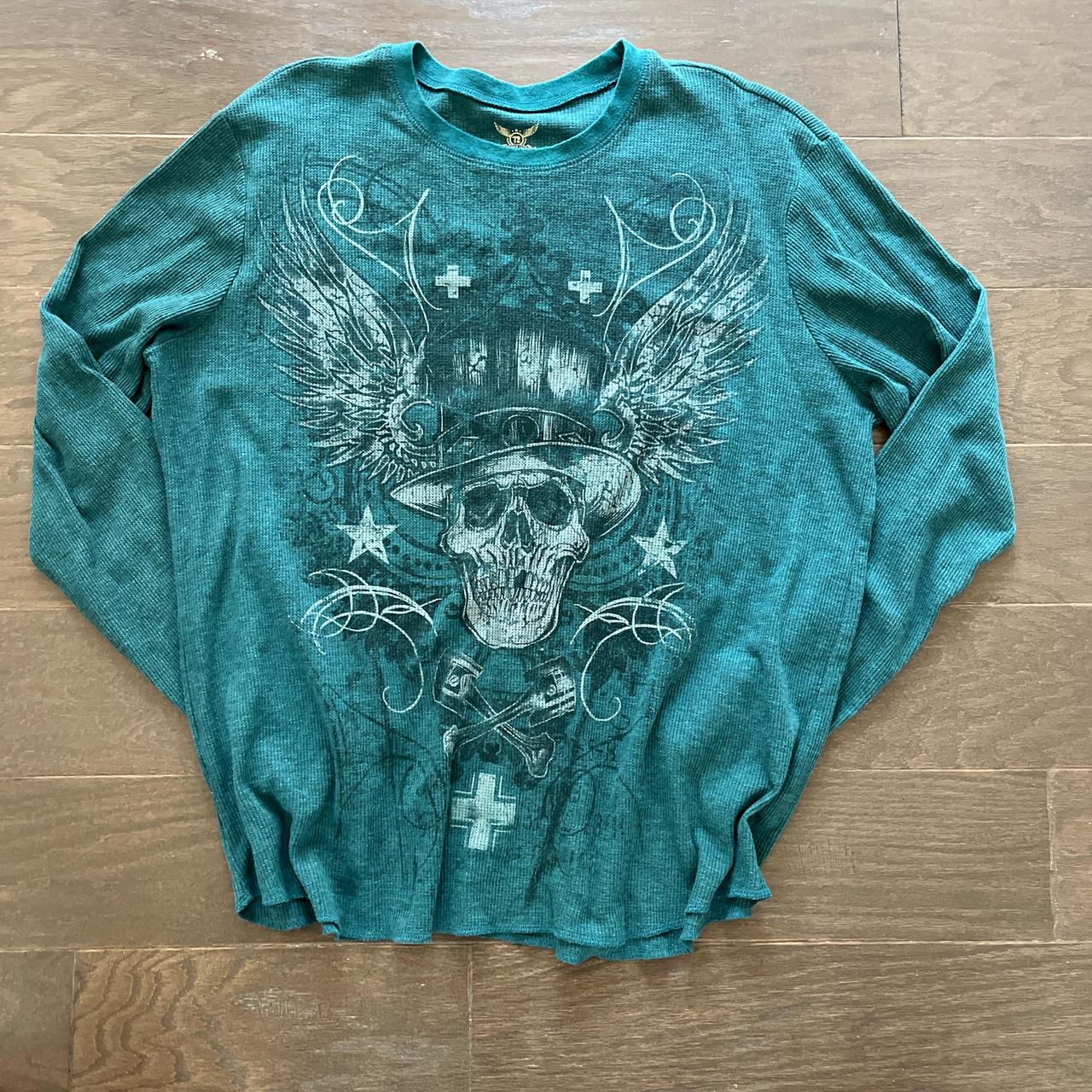 affliction-style grunge thermal long sleeve fits... - Depop