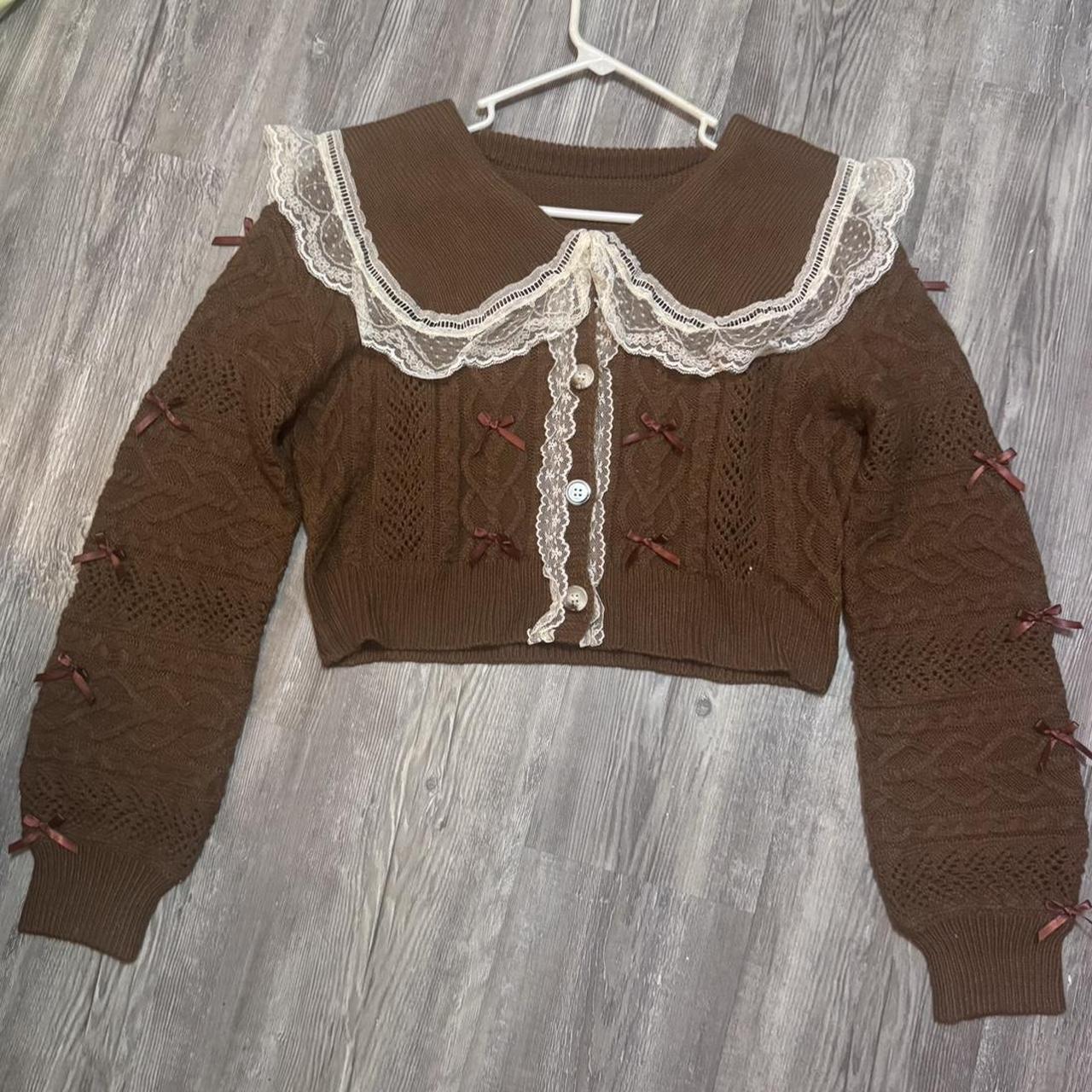 brown angelic lolita lace sweater with bows... - Depop