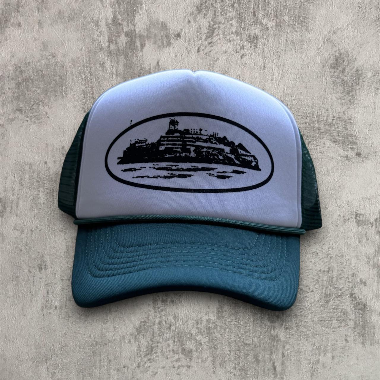 Corteiz Alcatraz Trucker Hat Green & white Black... - Depop