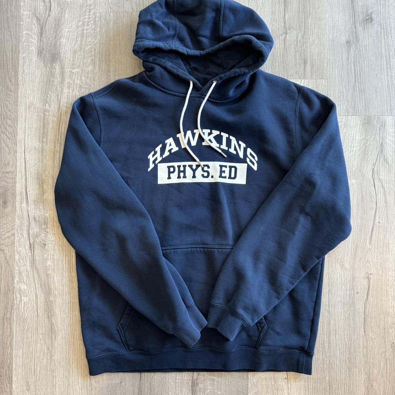 Hawkins Phys Ed navy blue hoodie Nike x stranger... - Depop