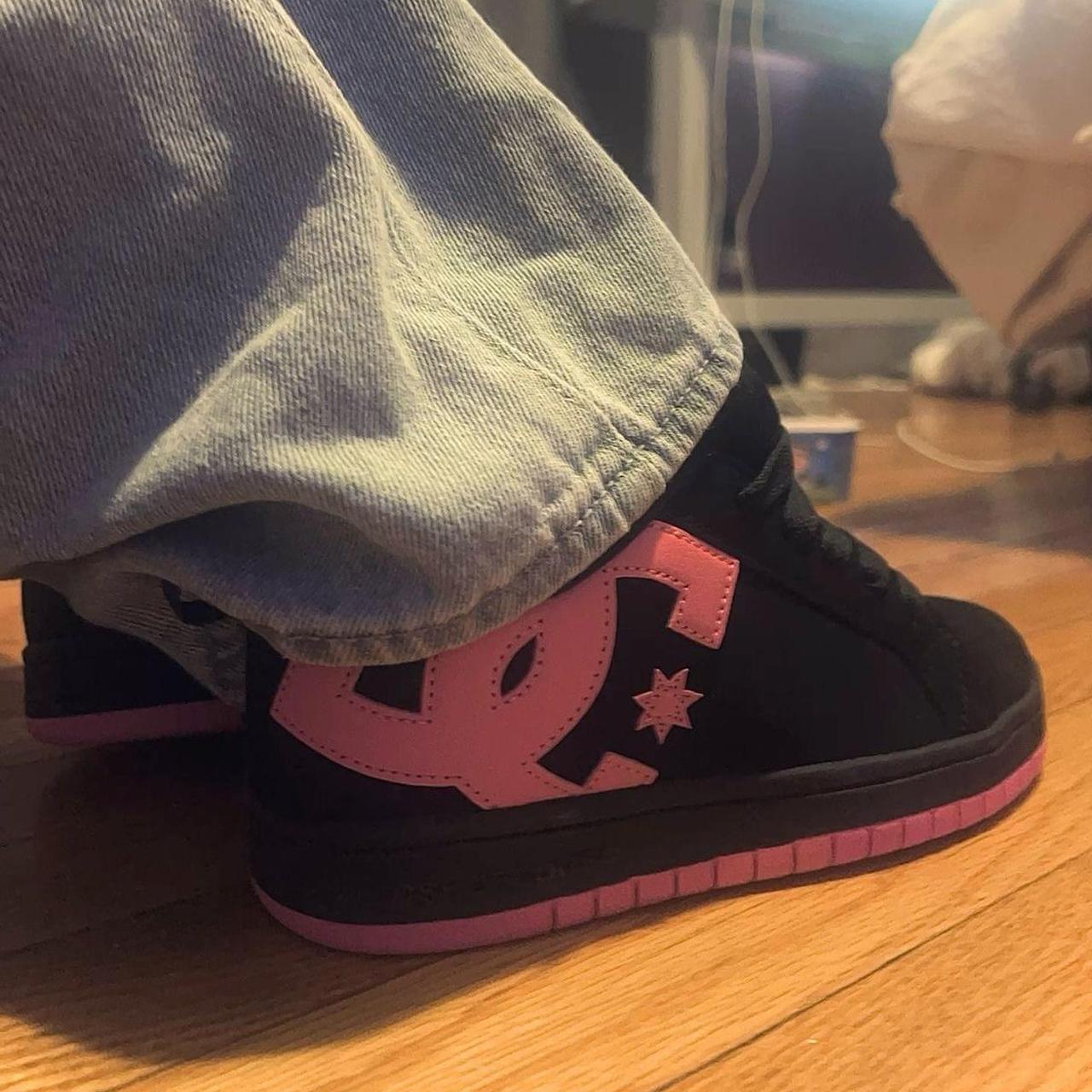 black and pink dc graffic court skate shoes size 8... - Depop