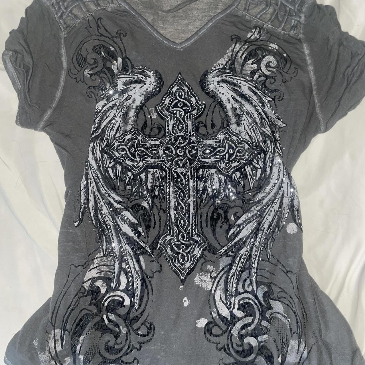 Grey affliction styled shirt with rimestone cross... - Depop