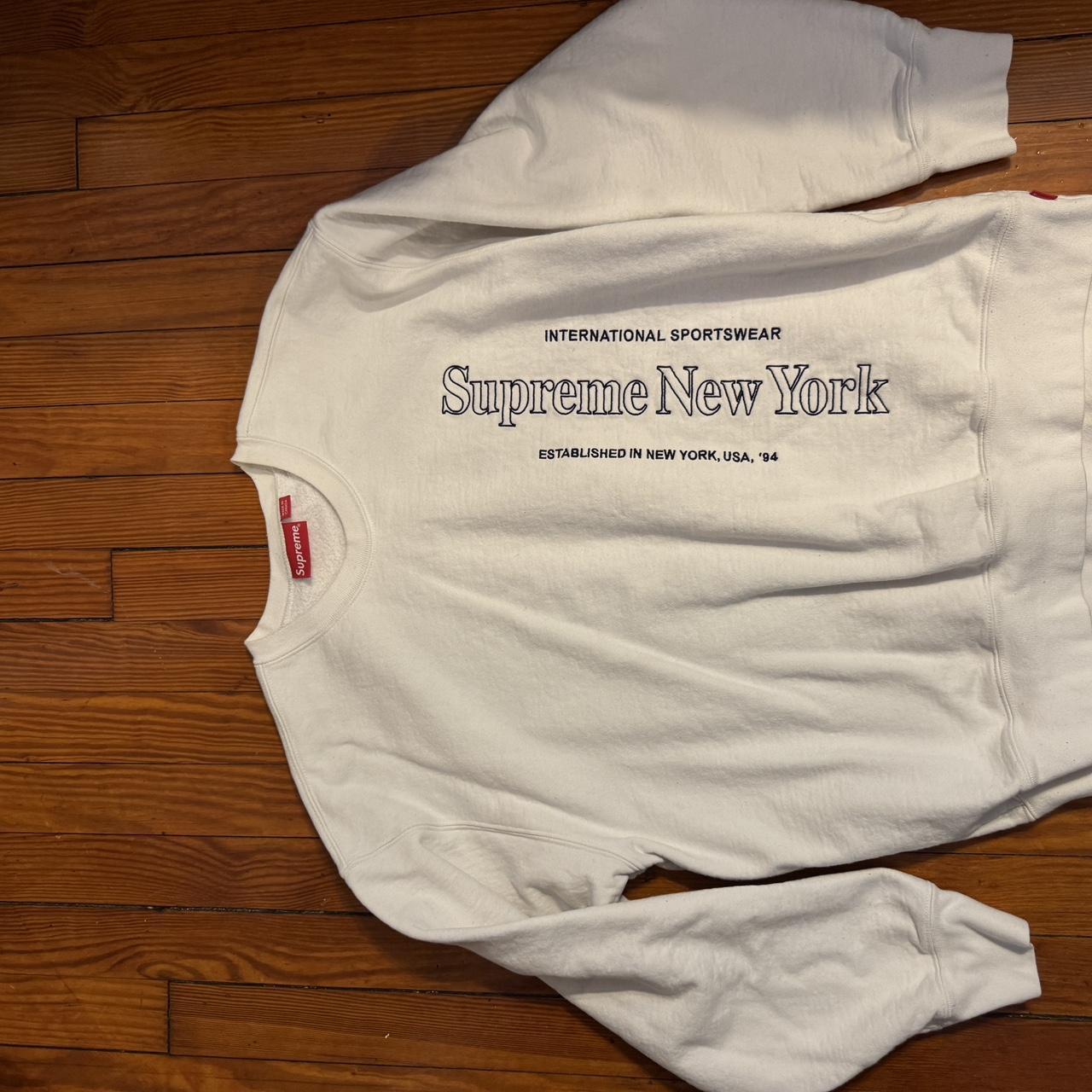 Supreme Crew Neck White sz M Small stain on sleeve... | Depop