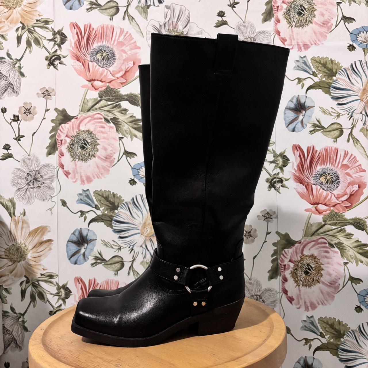 black knee high, faux leather target boots,... - Depop