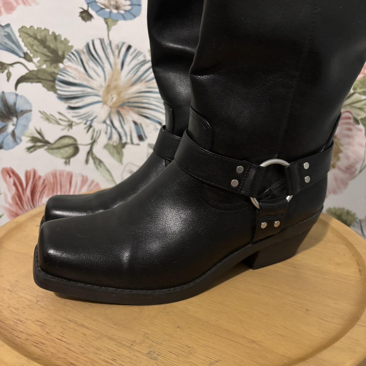 black knee high, faux leather target boots,... - Depop