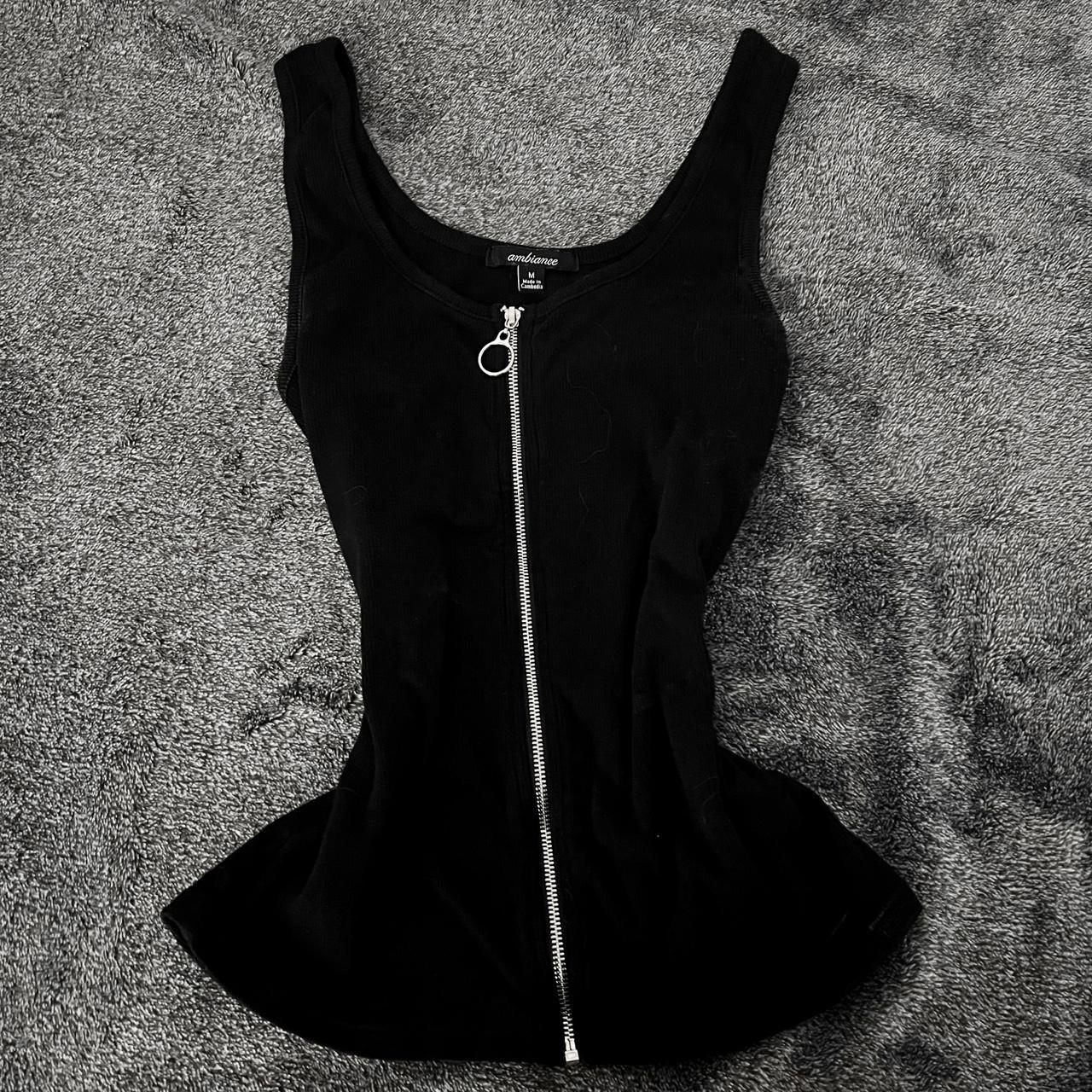 black and silver zipper zip up tank top - dark... - Depop
