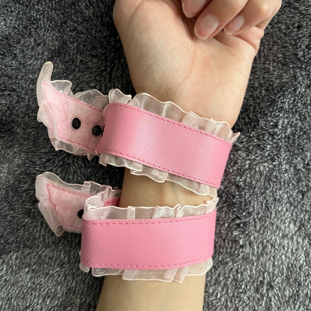 pastel goth pink lacey ruffle hand cuffs with black... | Depop