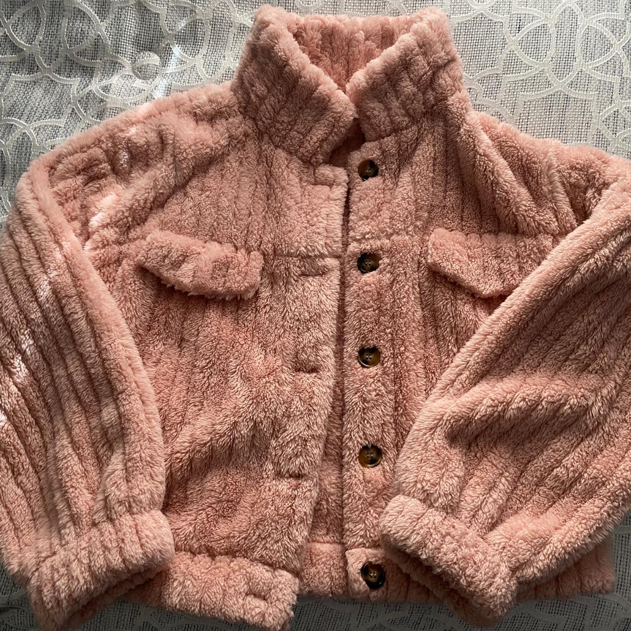 size S light pink coquette fluffy jacket with brown... - Depop