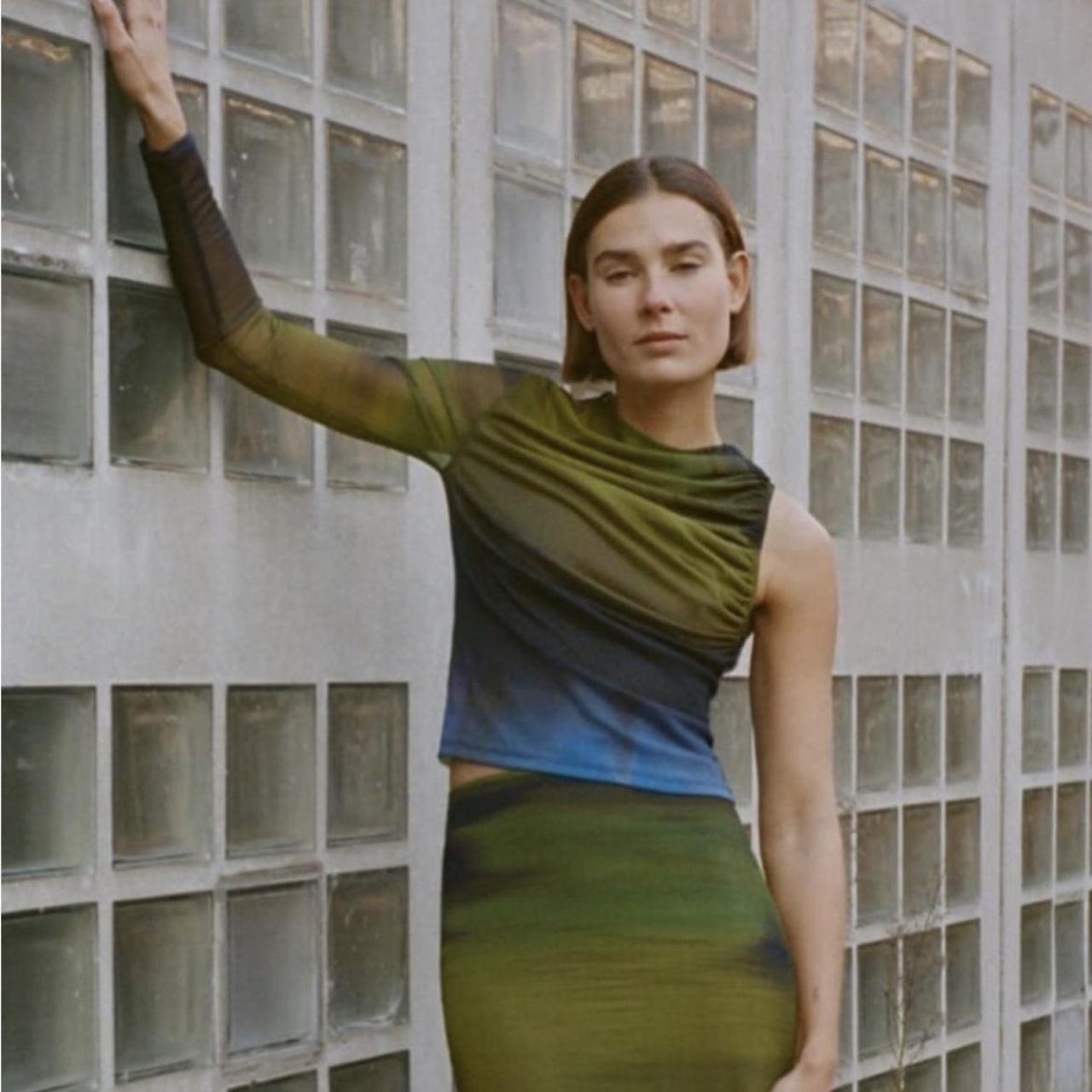 blue + green ZARA tulle one shoulder sleeve sheer... - Depop