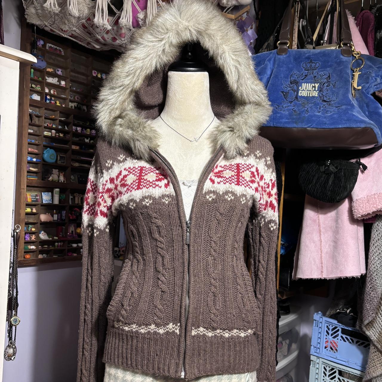 Brown Aeropostale Knit Fur Trim Zip Up ULTRA RARE... - Depop