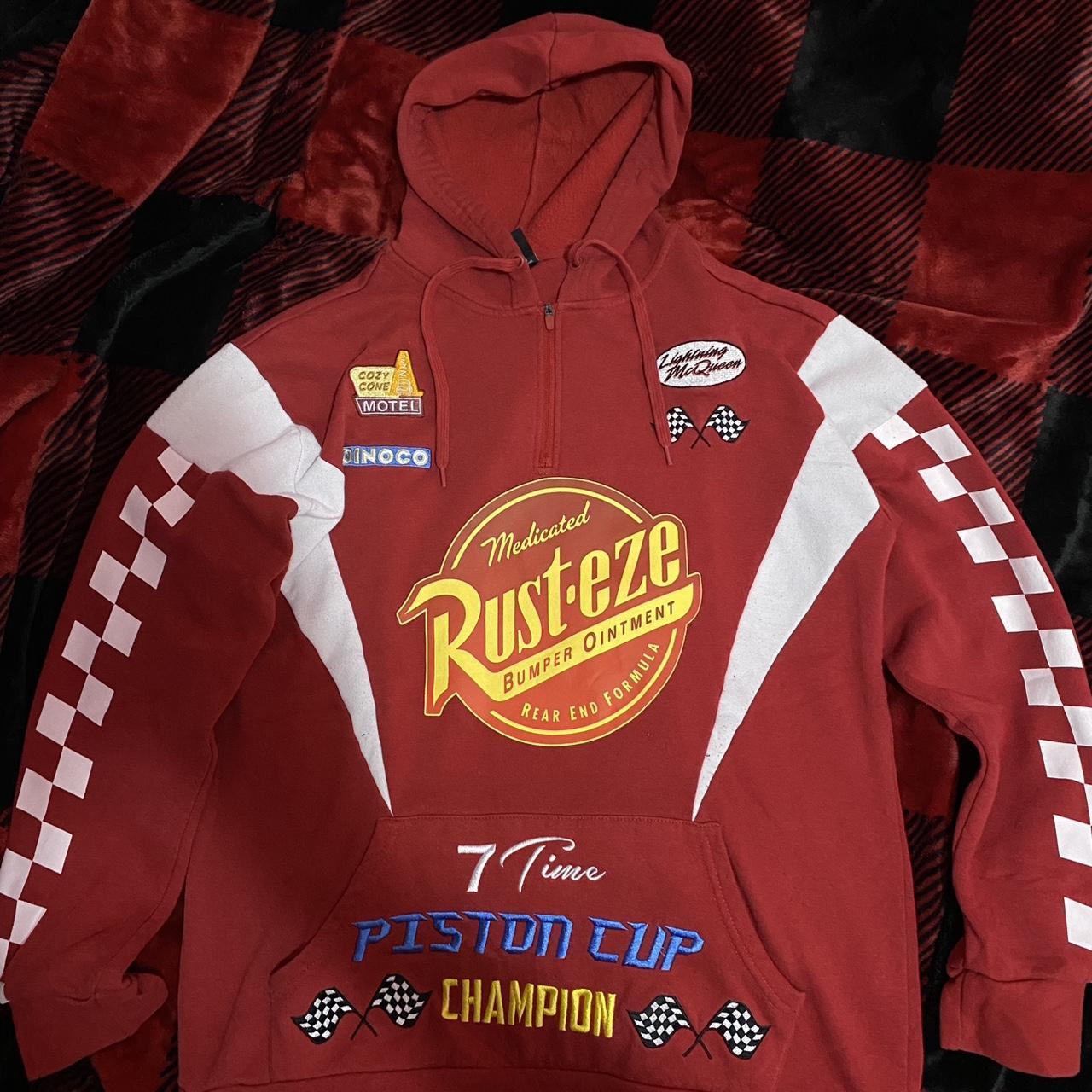 Red and white Disney Cars Rust-Eze jacket,... | Depop