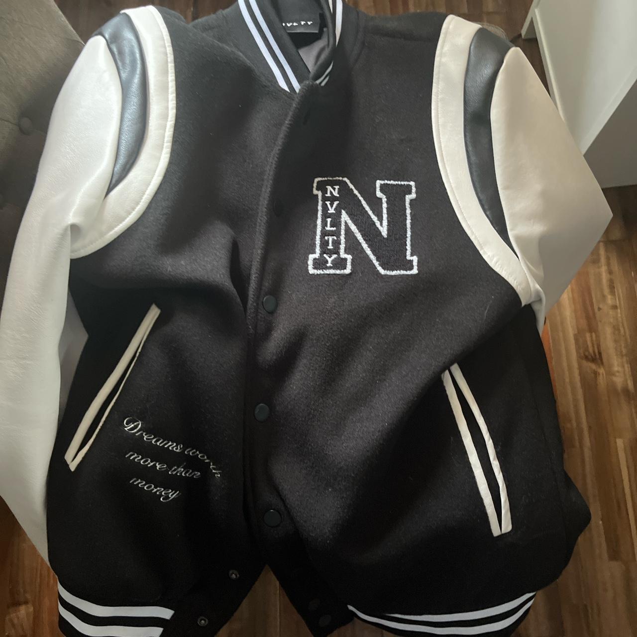 Black and white NVLTY varsity jacket #varsityjacket - Depop