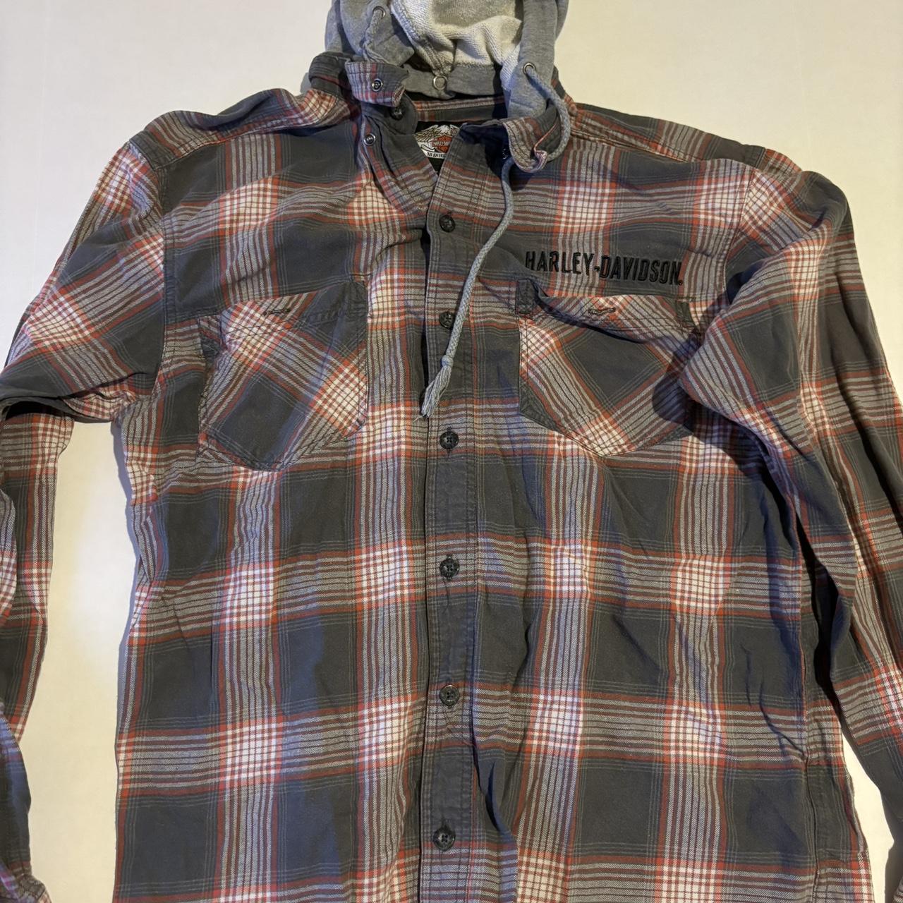 Grey and orange Harley Davidson hooded flannel... | Depop