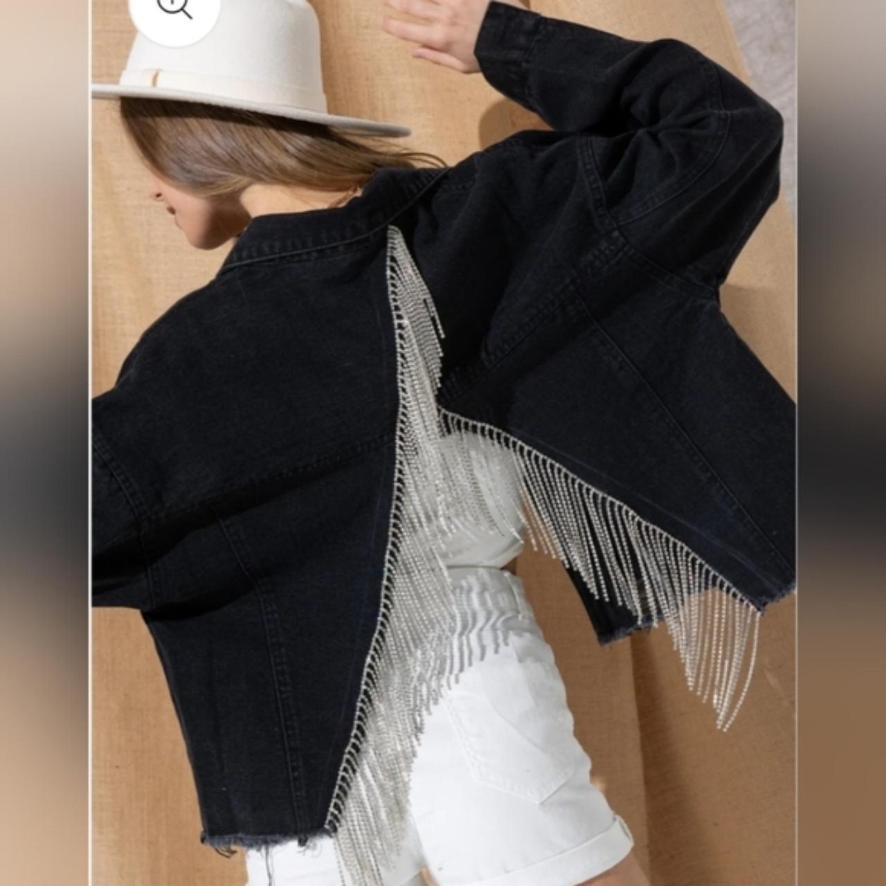 BLACK RHINESTONE FRINGE DENIM JACKET - Depop