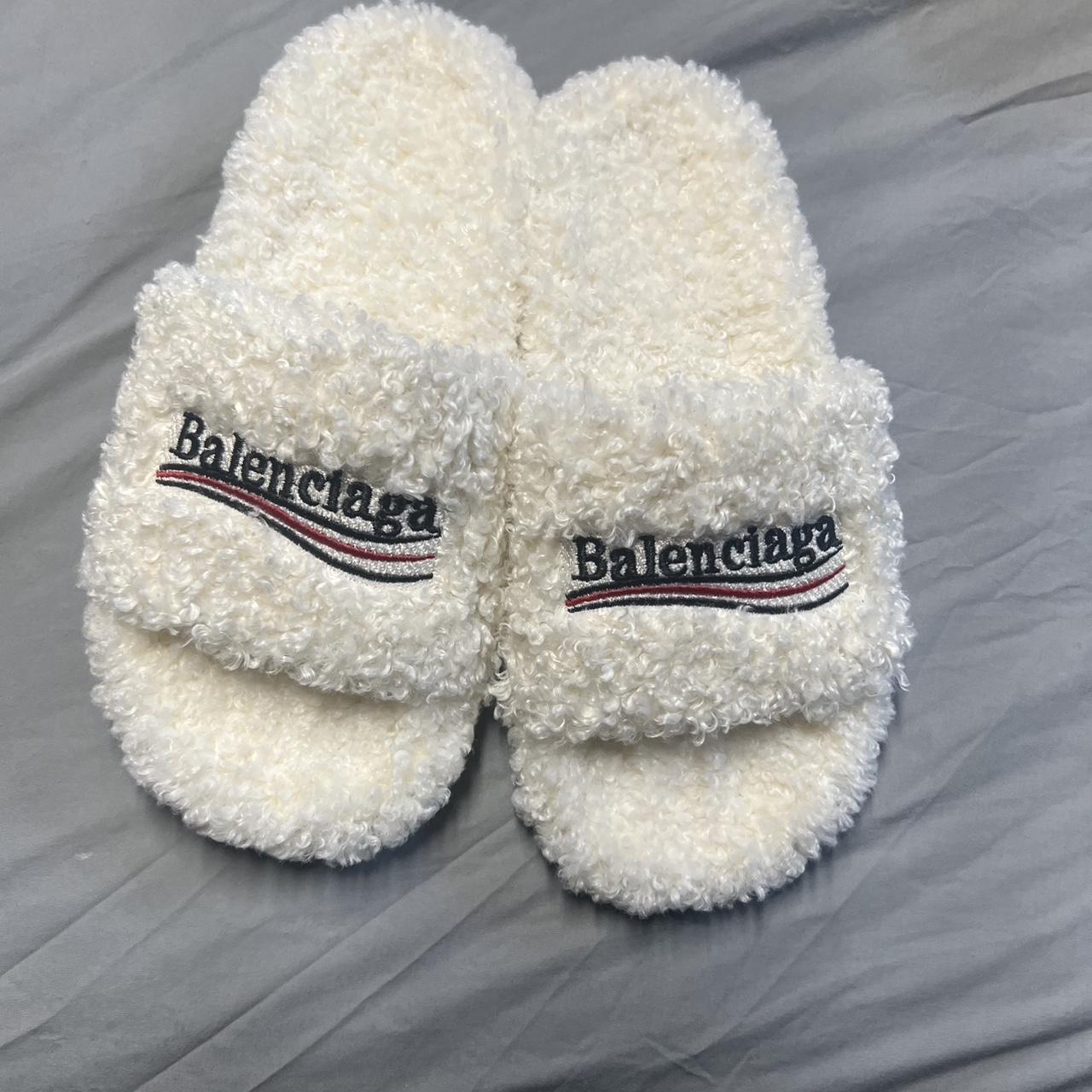 Balenci furry slides in white Size 10 Letting... | Depop