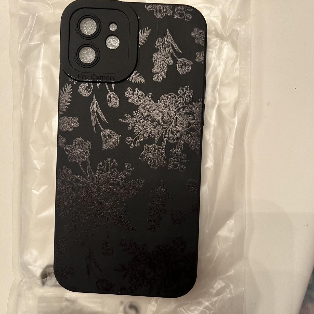 iPhone 12 black case with black glossy flower design... - Depop