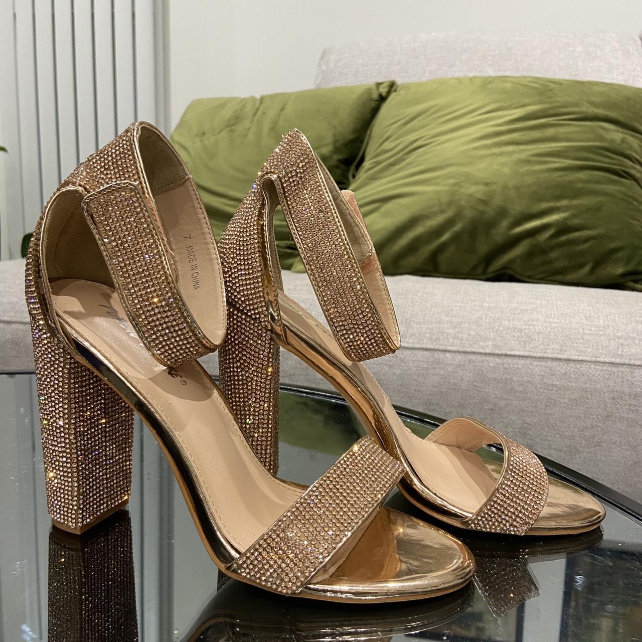 Rose Gold rhinestone heels, size 7 and worn only... | Depop