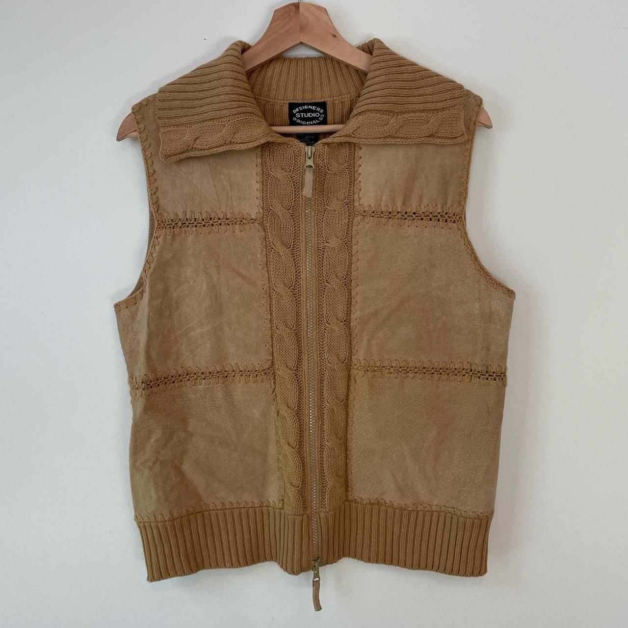 2000’s suede and knit patchwork double zip vest.... - Depop