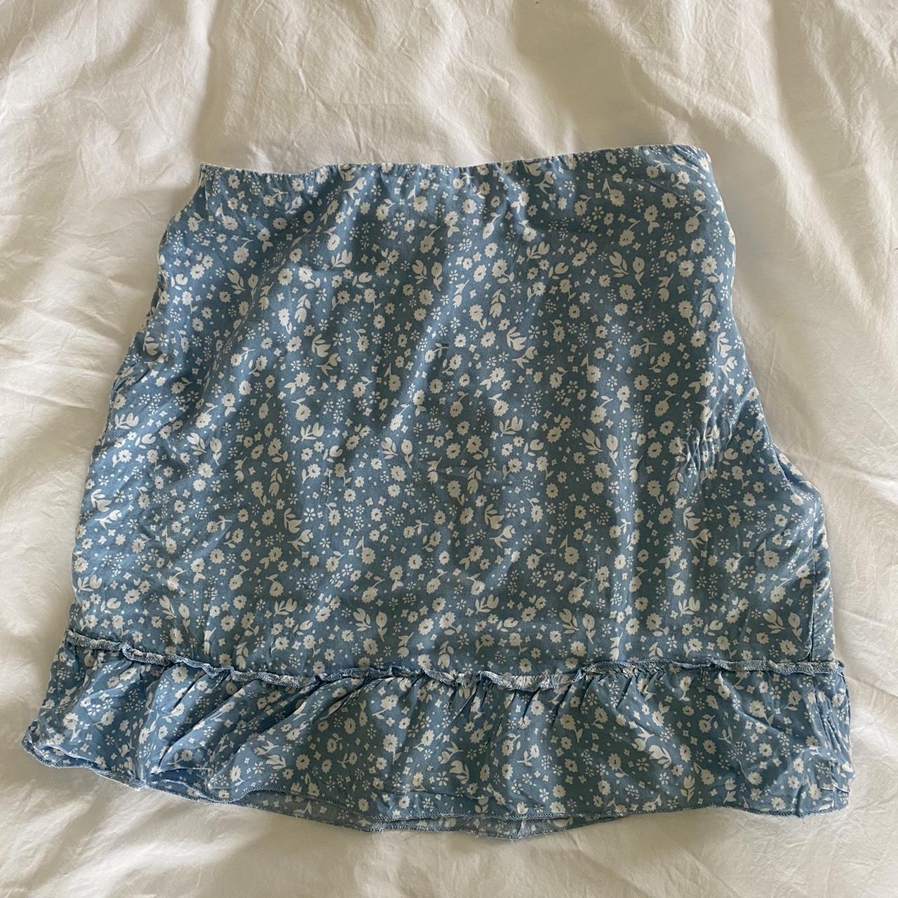 Blue and white, flowery, ruffle subdued mini... - Depop
