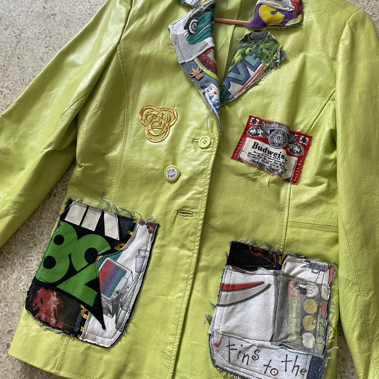 Neon patchwork leather jacket budweiser random... - Depop