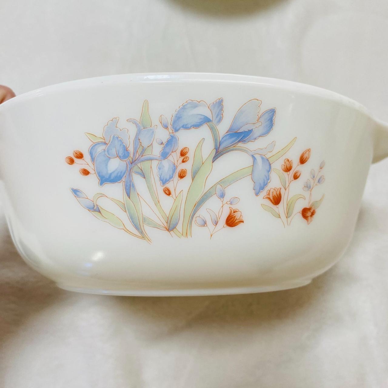 English Pyrex Blue Iris Floral Casserole Dishes 1 Qt... - Depop