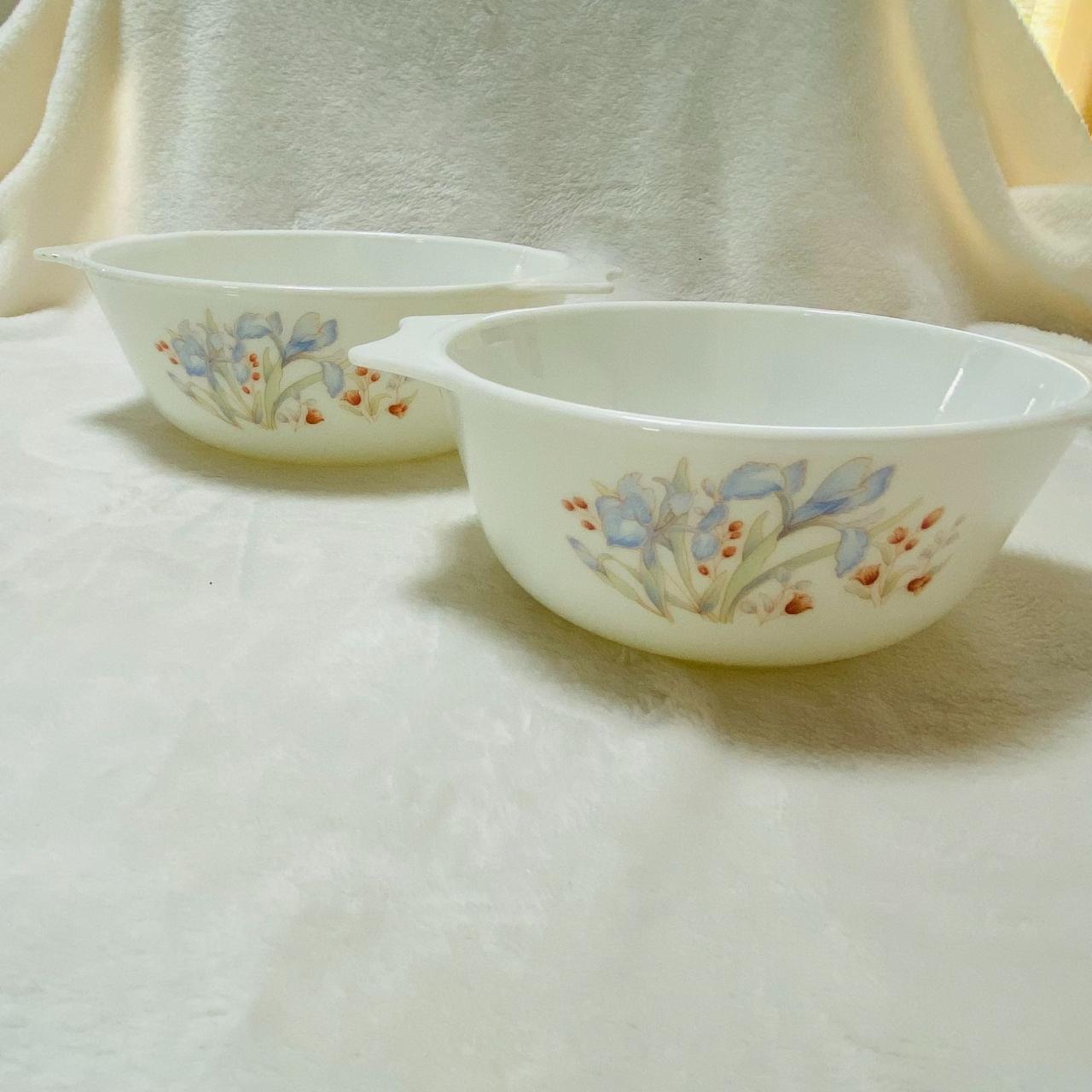 English Pyrex Blue Iris Floral Casserole Dishes 1 Qt... - Depop