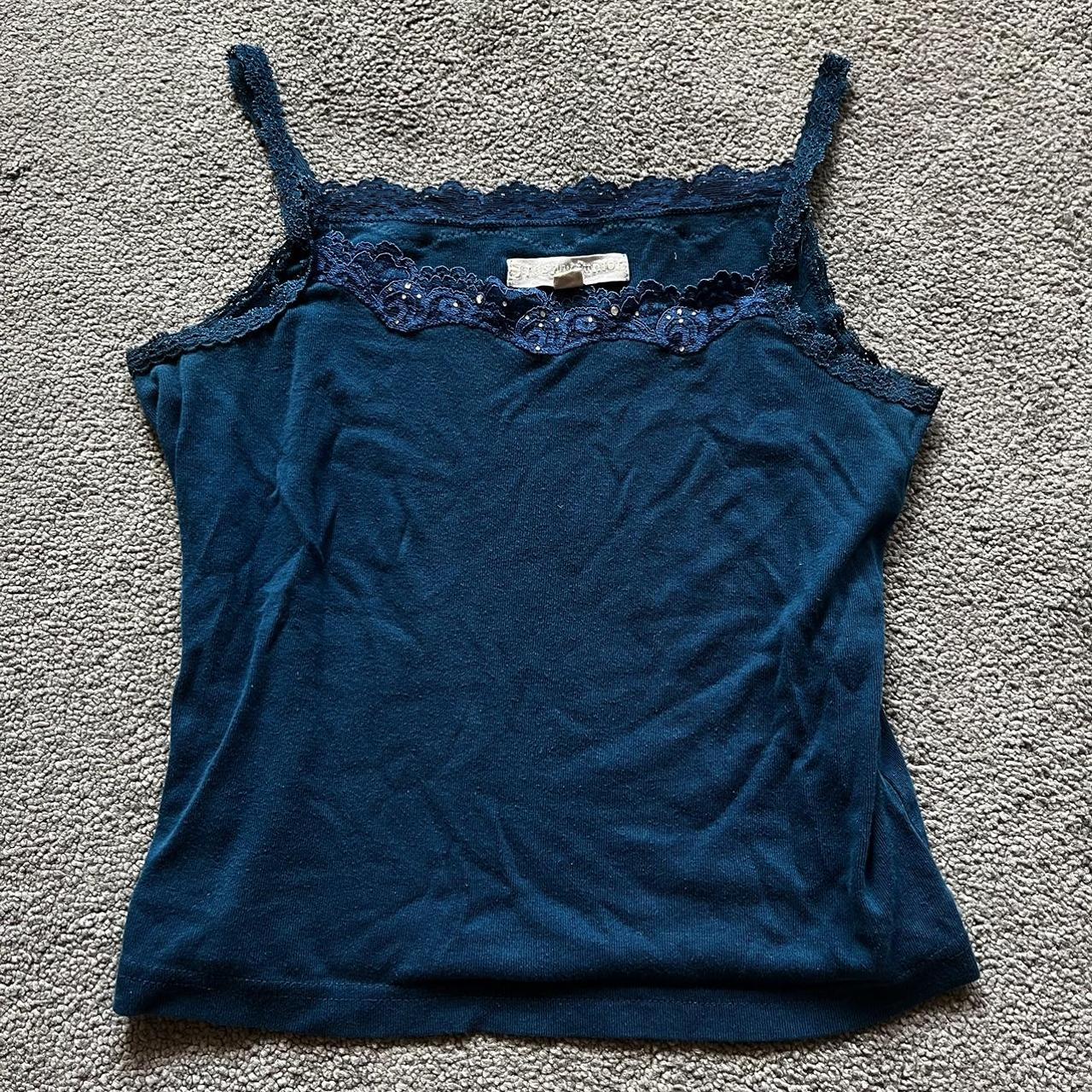 Blue tank top with lace detailing and gems Jigsaw... - Depop
