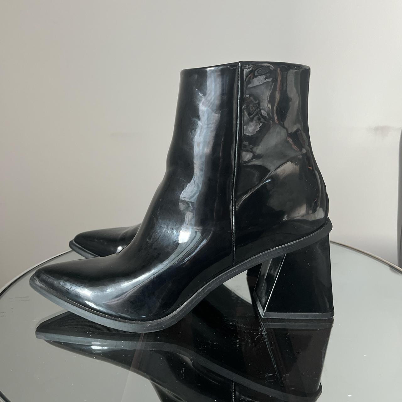 Black pointed block heeled ankle boots. Shiny black... - Depop