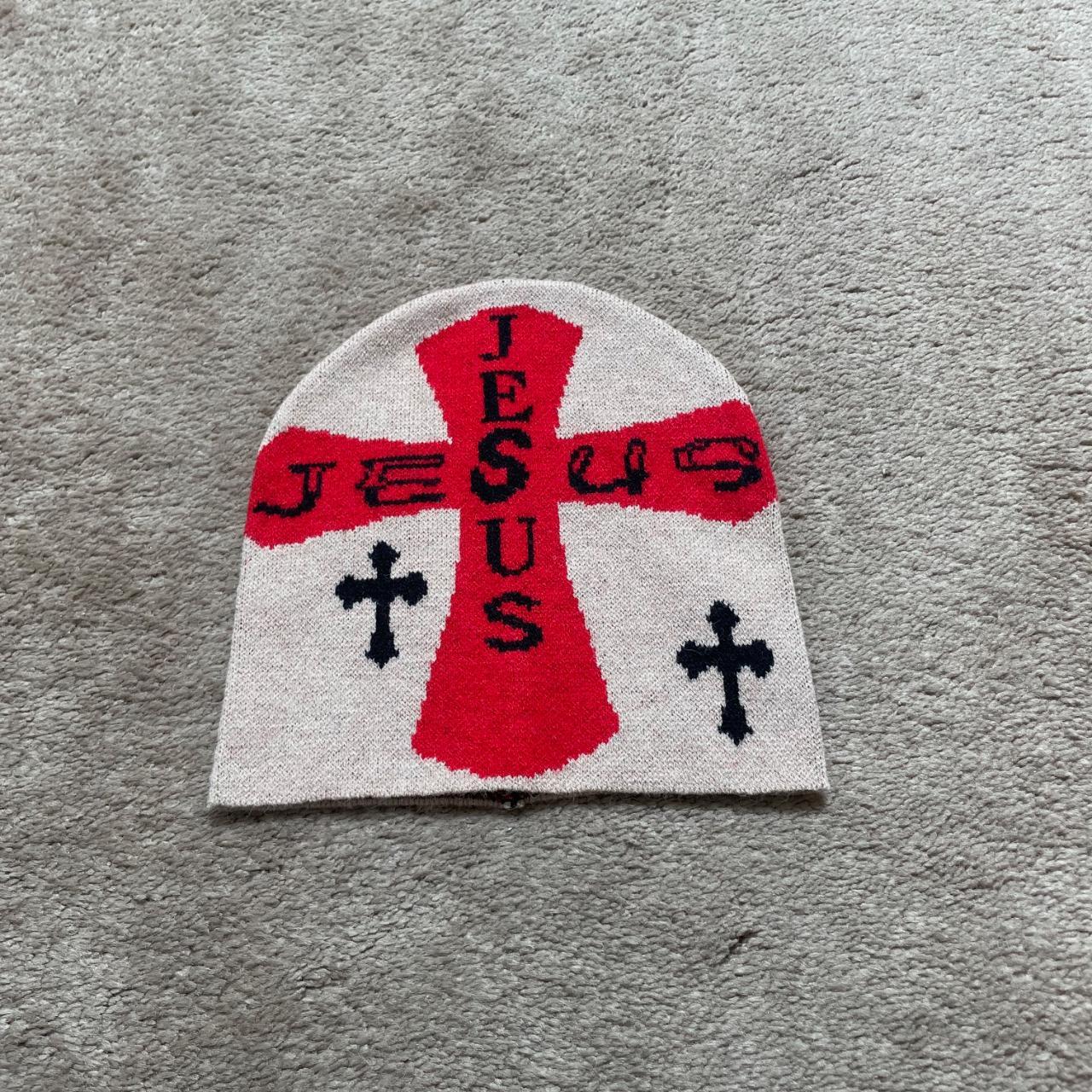 Y2K Jesus beanie Jacquard Khaki Gothic Style knit... - Depop