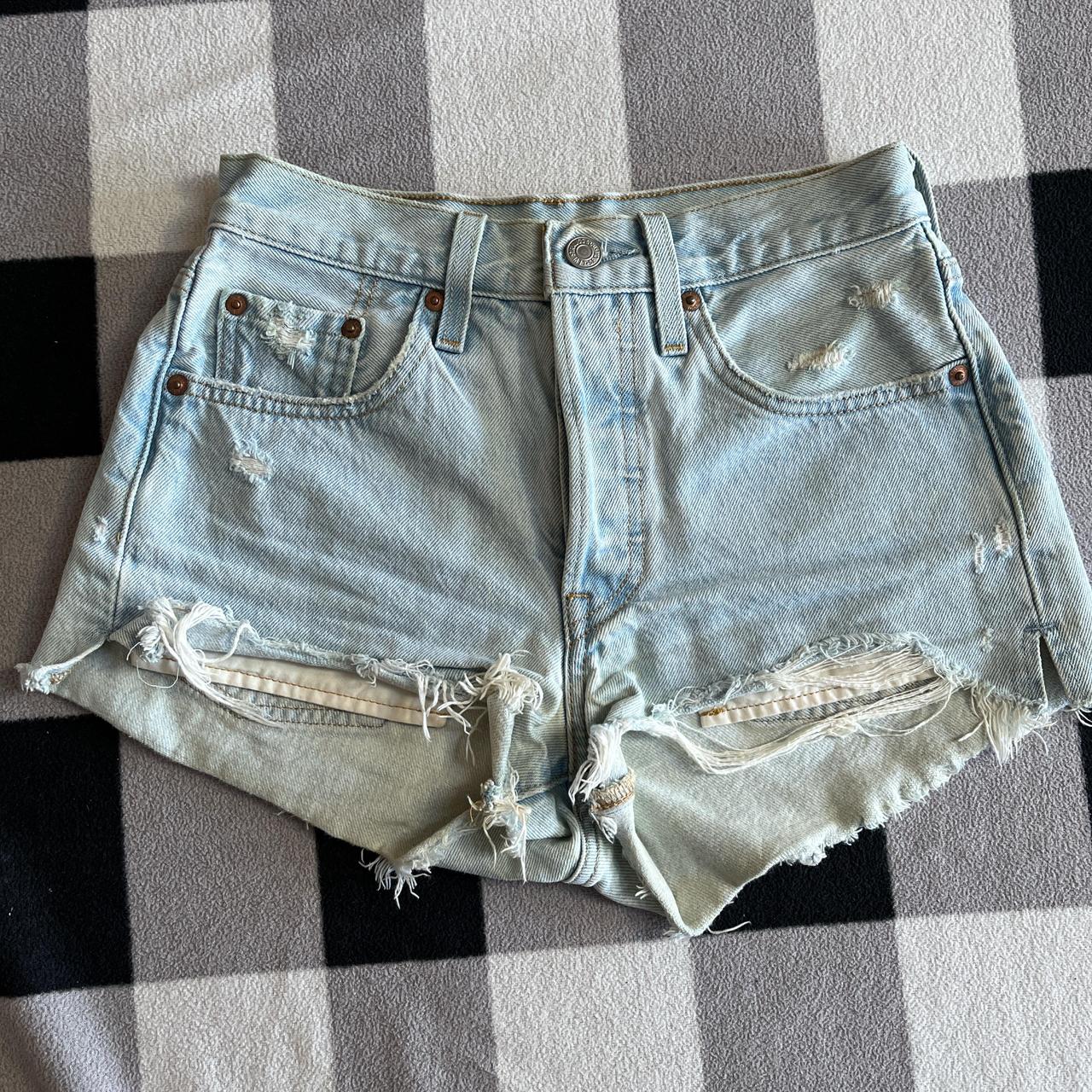 Levi denim shorts light wash distressed high rise... | Depop