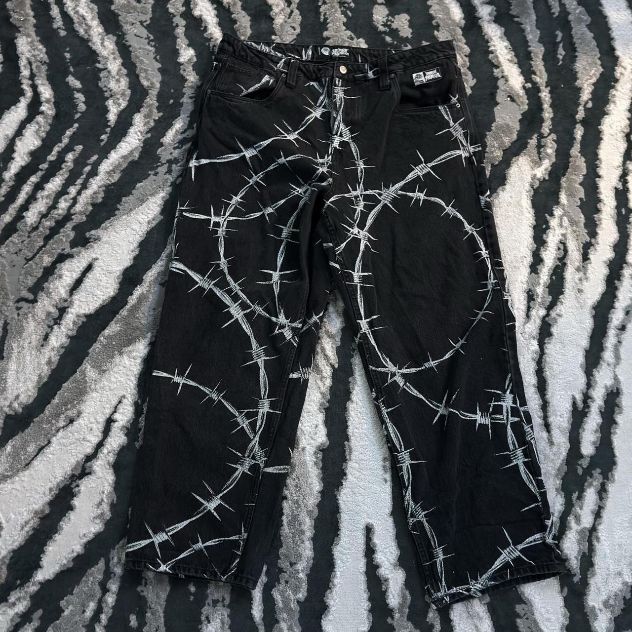 Broken Promises black and white barbed wire print jeans - Depop