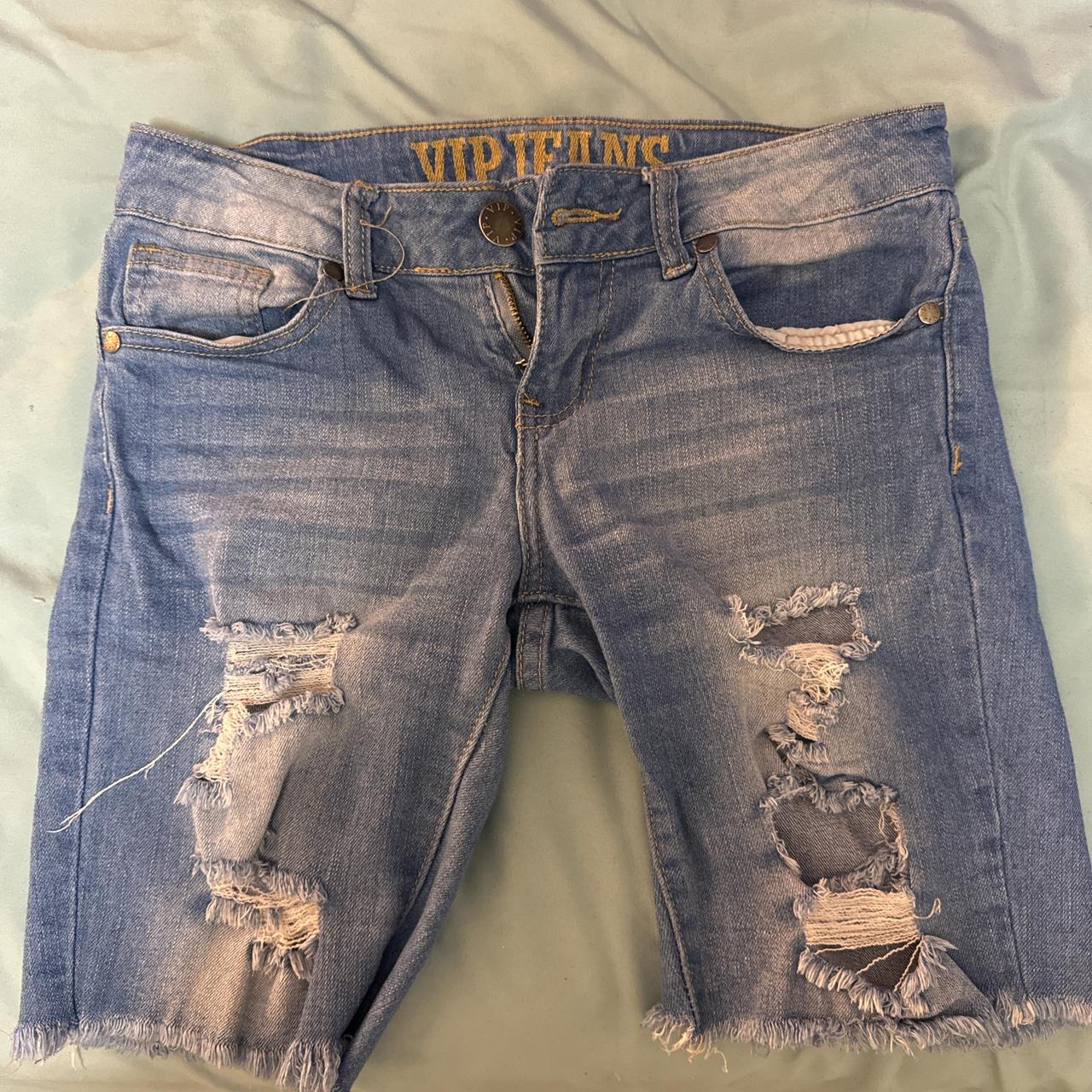 light blue jean ripped shorts | Depop