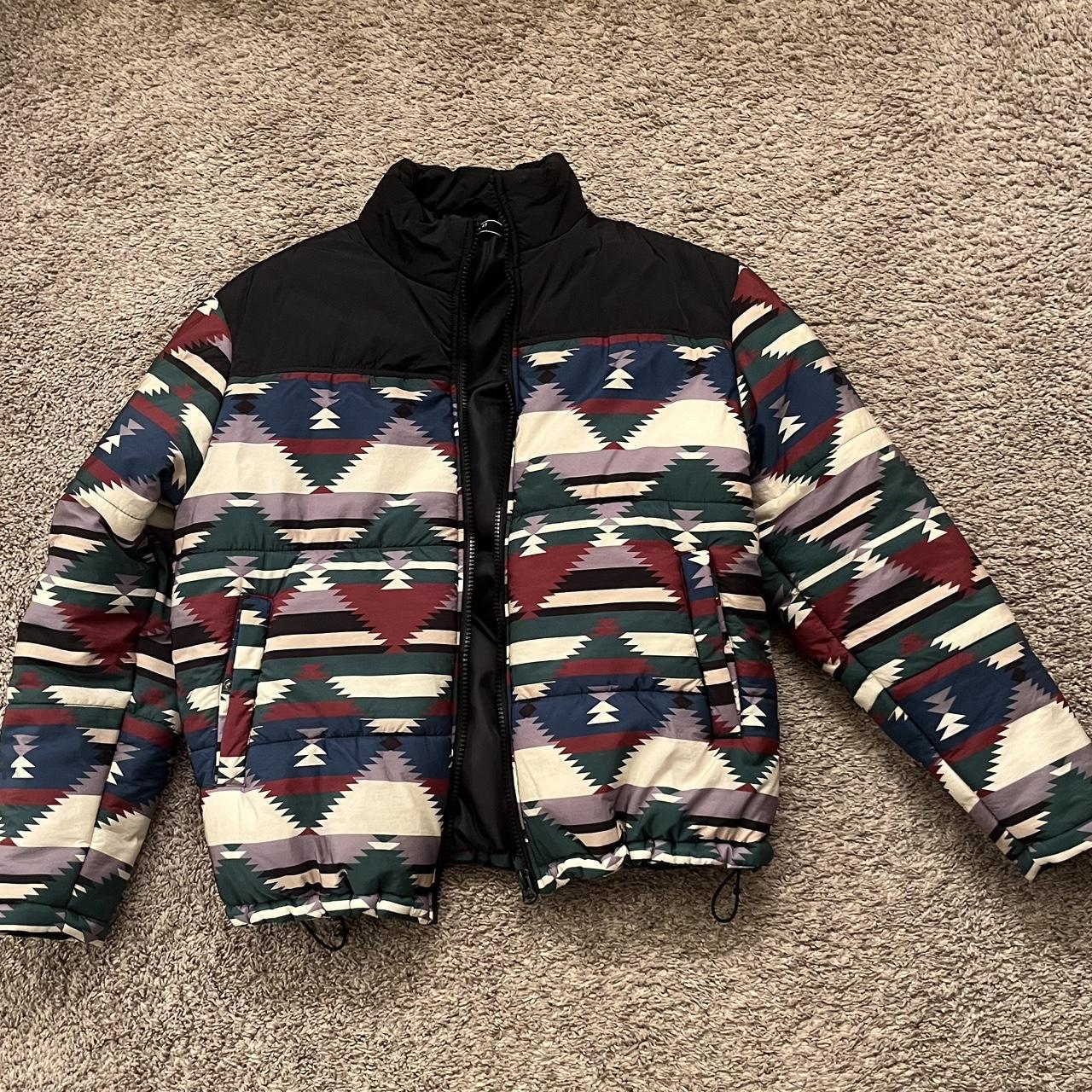 F21 Multi-coloured puffer jacket with a boho touch... - Depop