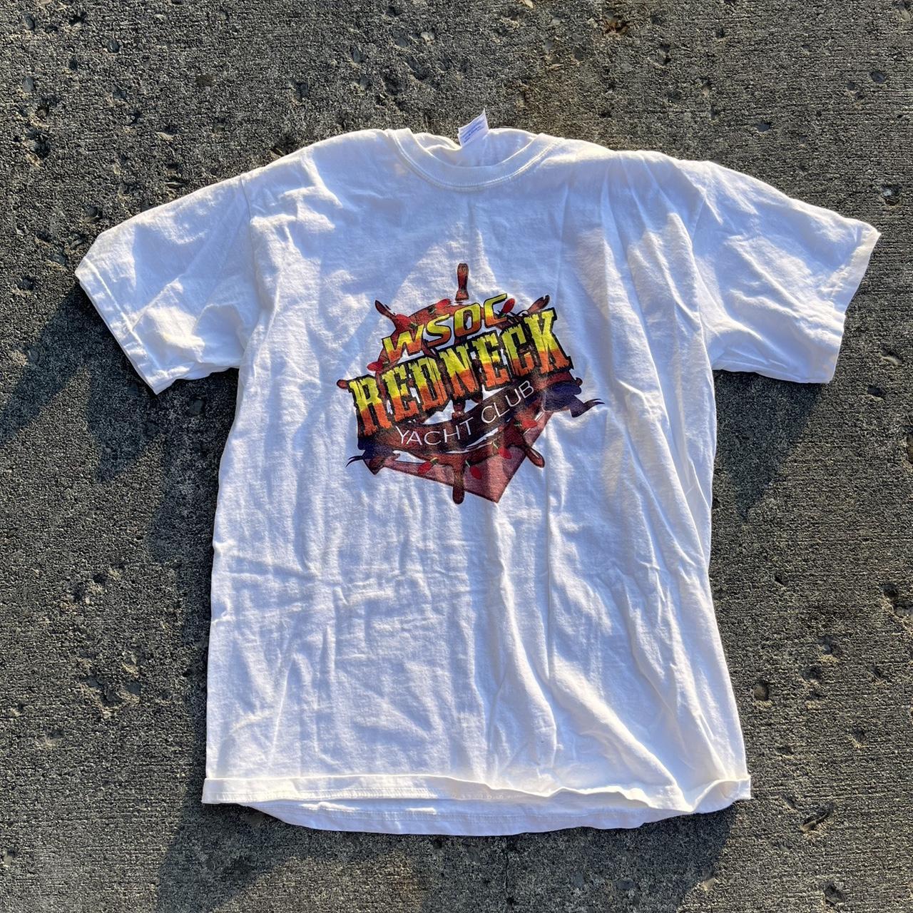White and red 90s Wendy's redneck Yacht Club cotton... - Depop