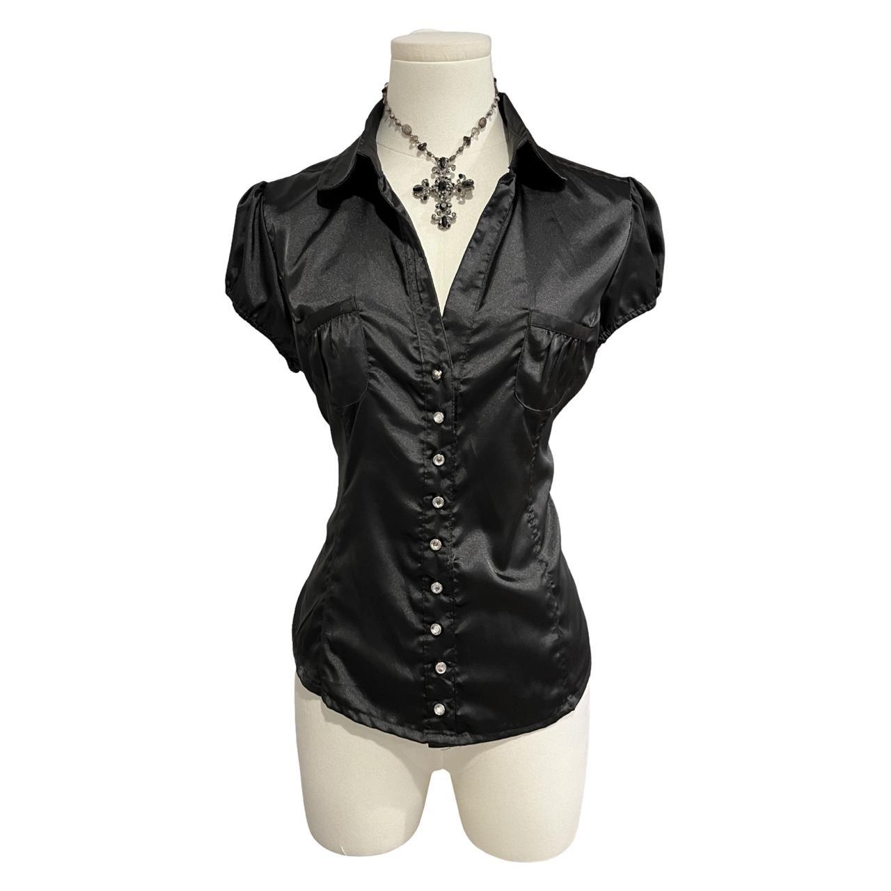 Super cute vintage goth twee satin black button up... | Depop