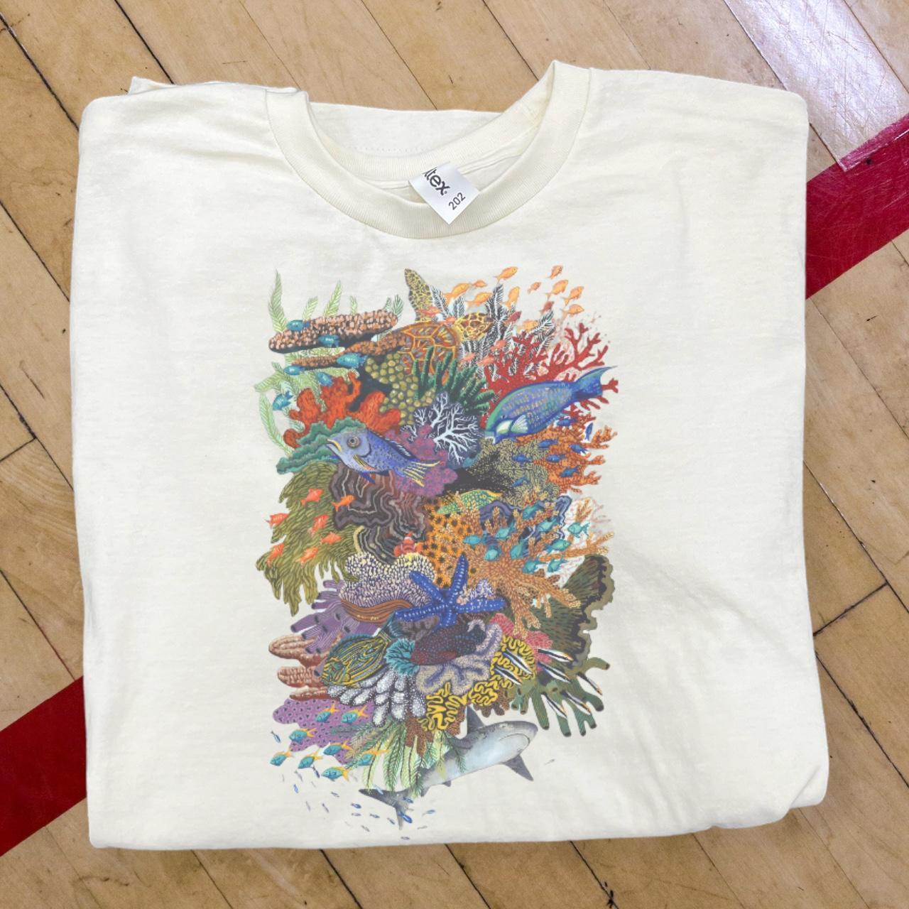 Medium Cream Colored T-shirt with Colorful... - Depop