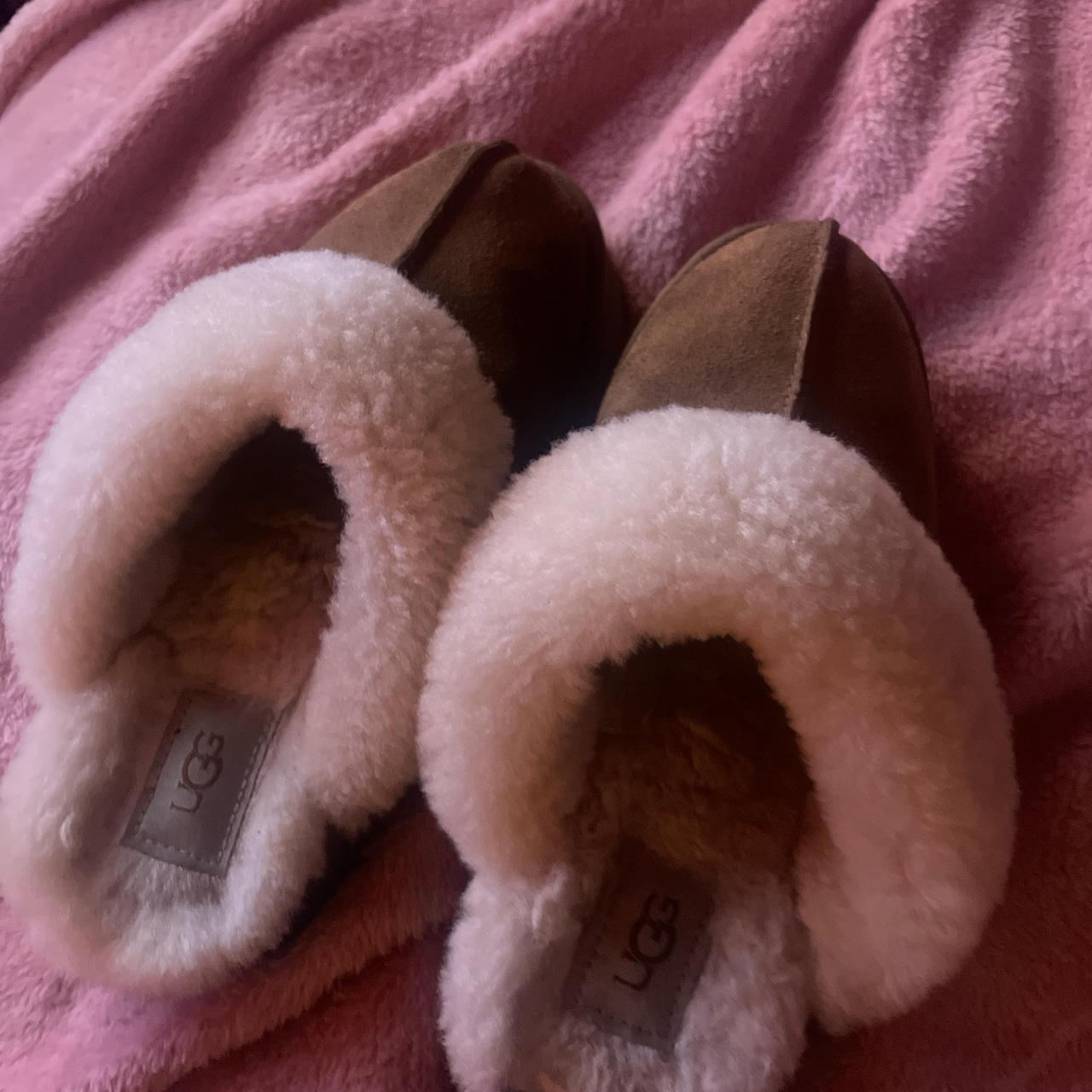 authentic UGG brown and white slippers worn a few... - Depop