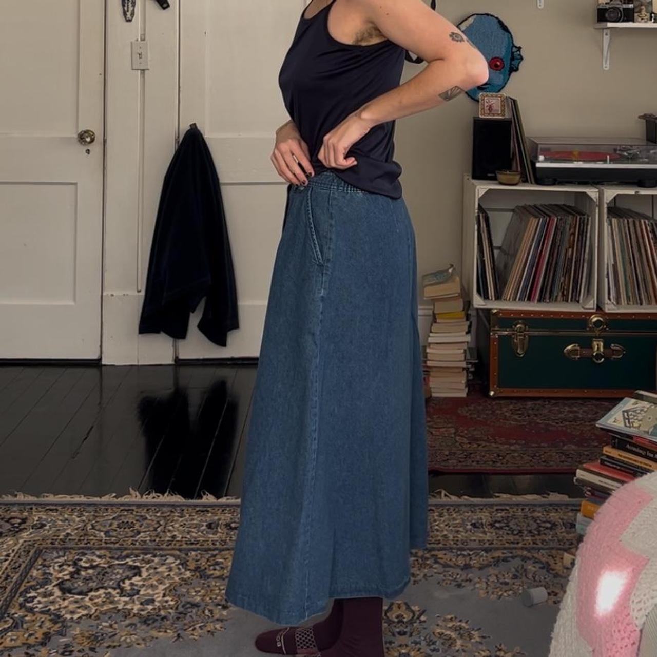 thrifted chic long denim skirt. super fun to wear... | Depop