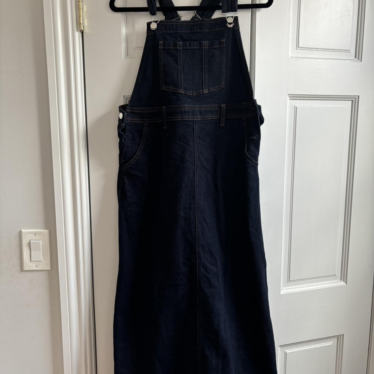 Dark wash denim overall midi dress... - Depop