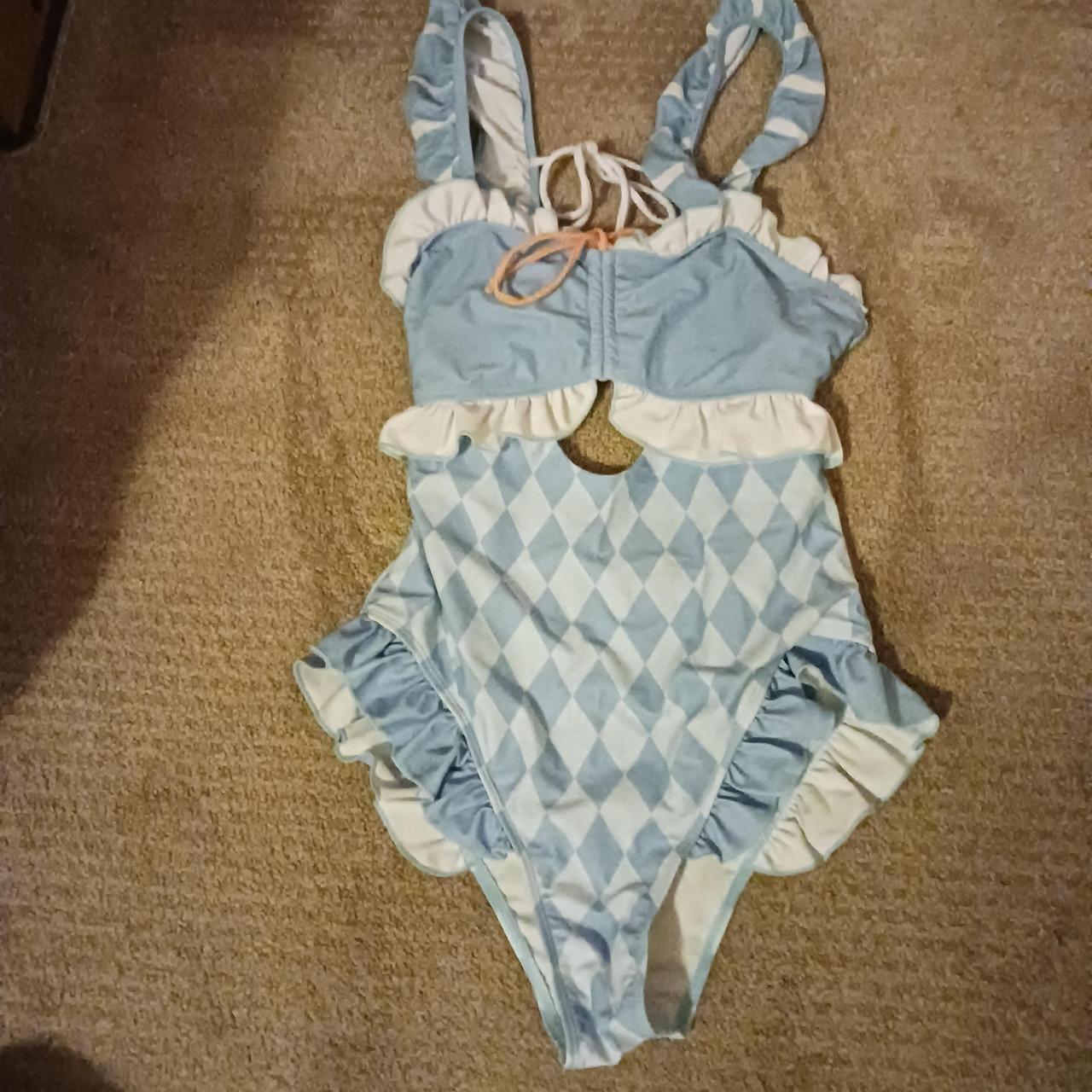 cute blue checkered swimsuit onepiece it's an Asian... | Depop