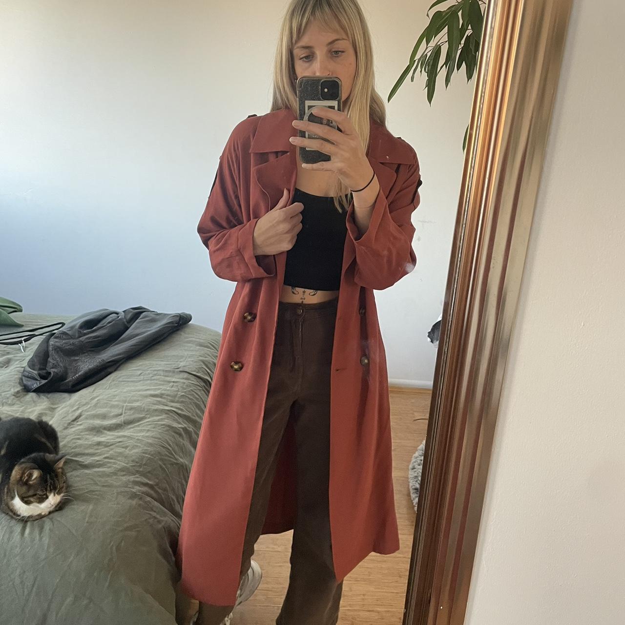 Burnt orange light duster coat with a relaxed fit... - Depop