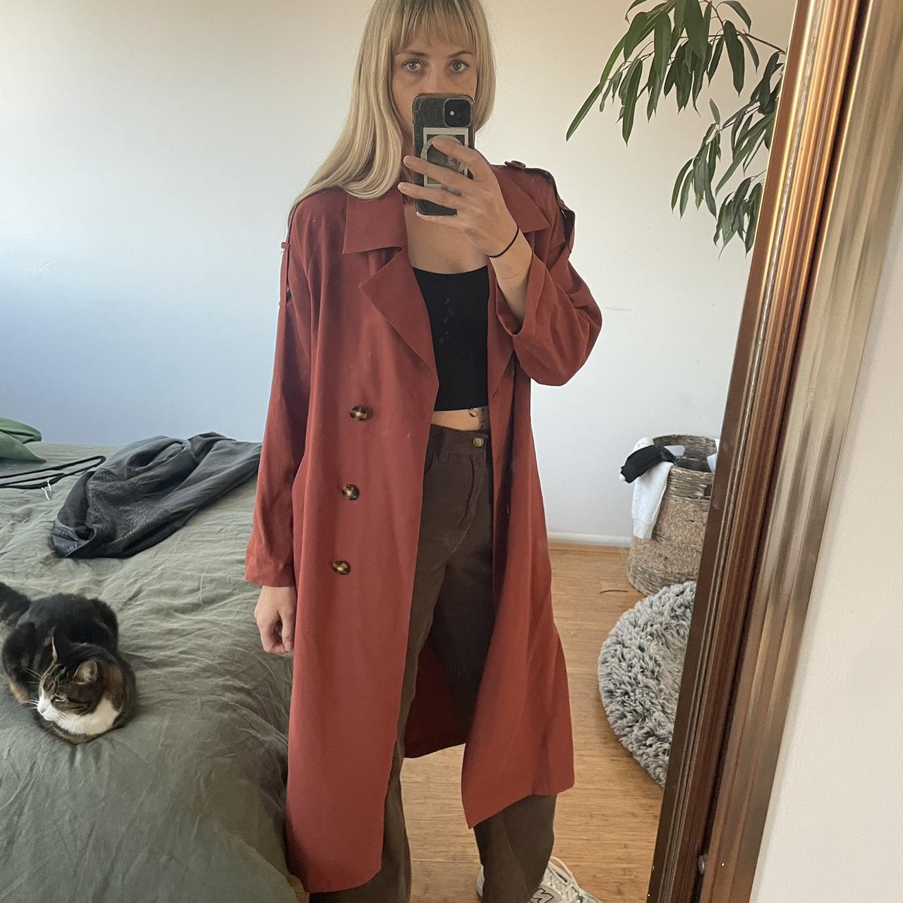 Burnt orange light duster coat with a relaxed fit... - Depop