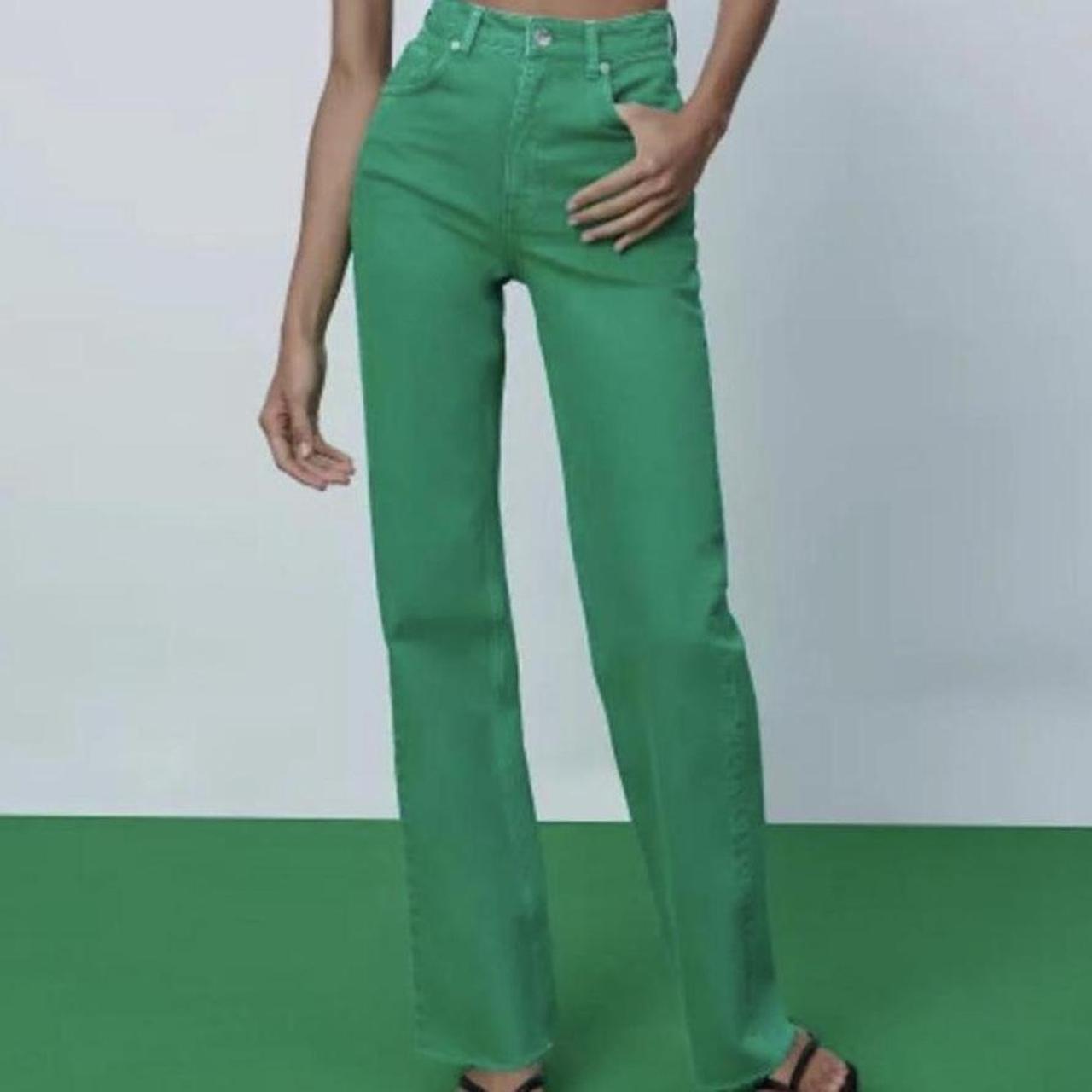 Green wide leg high rise jeans. Green zara jeans.... - Depop