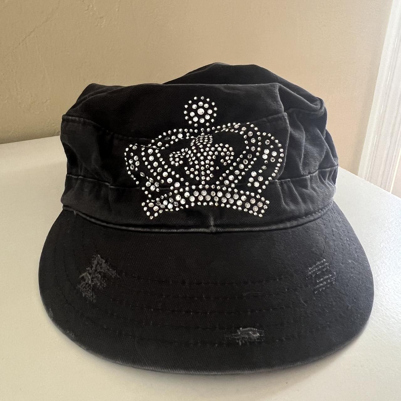 Black hat with rhinestone crown and rhinestone heart... - Depop