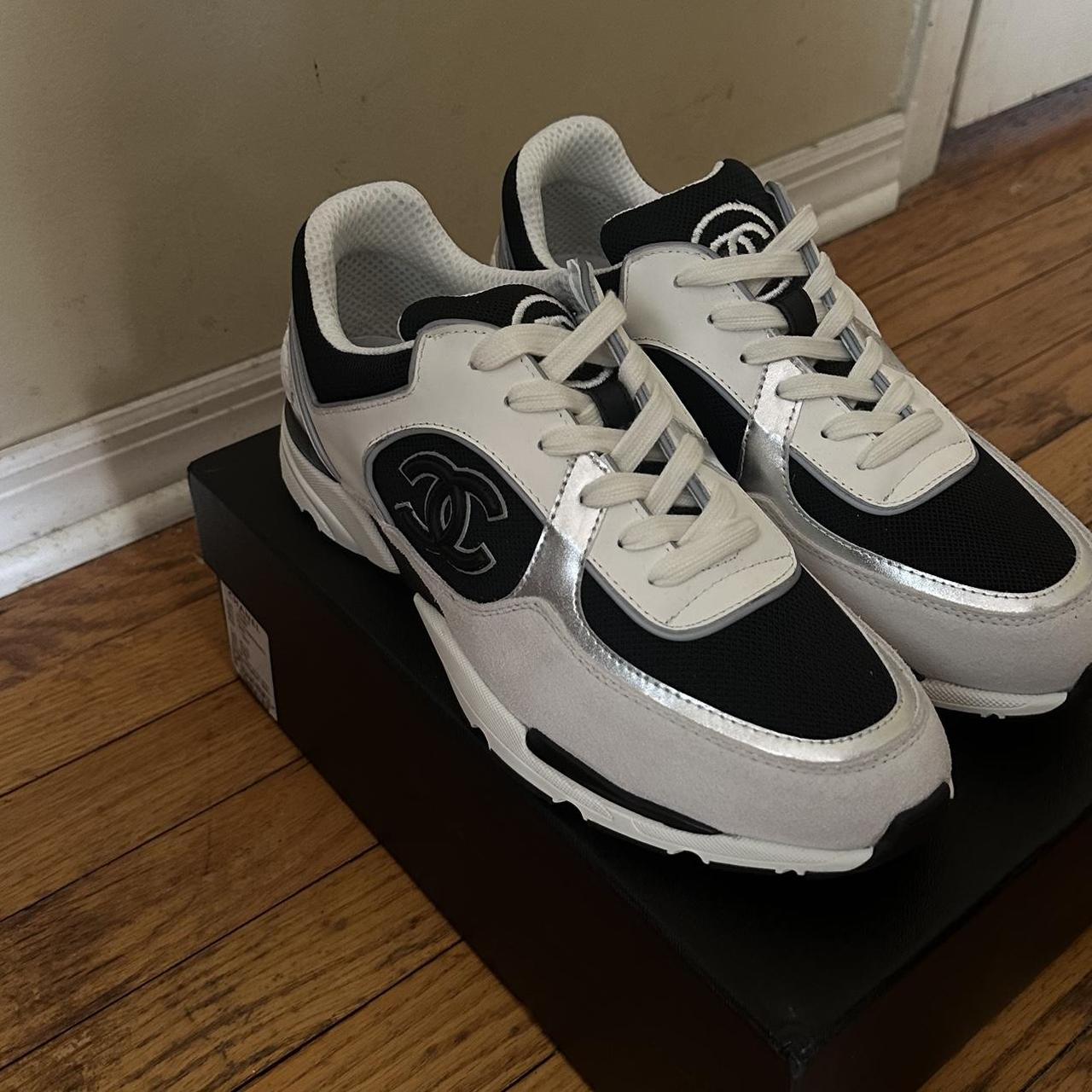 Chanel runners reflective black and white size 44... | Depop
