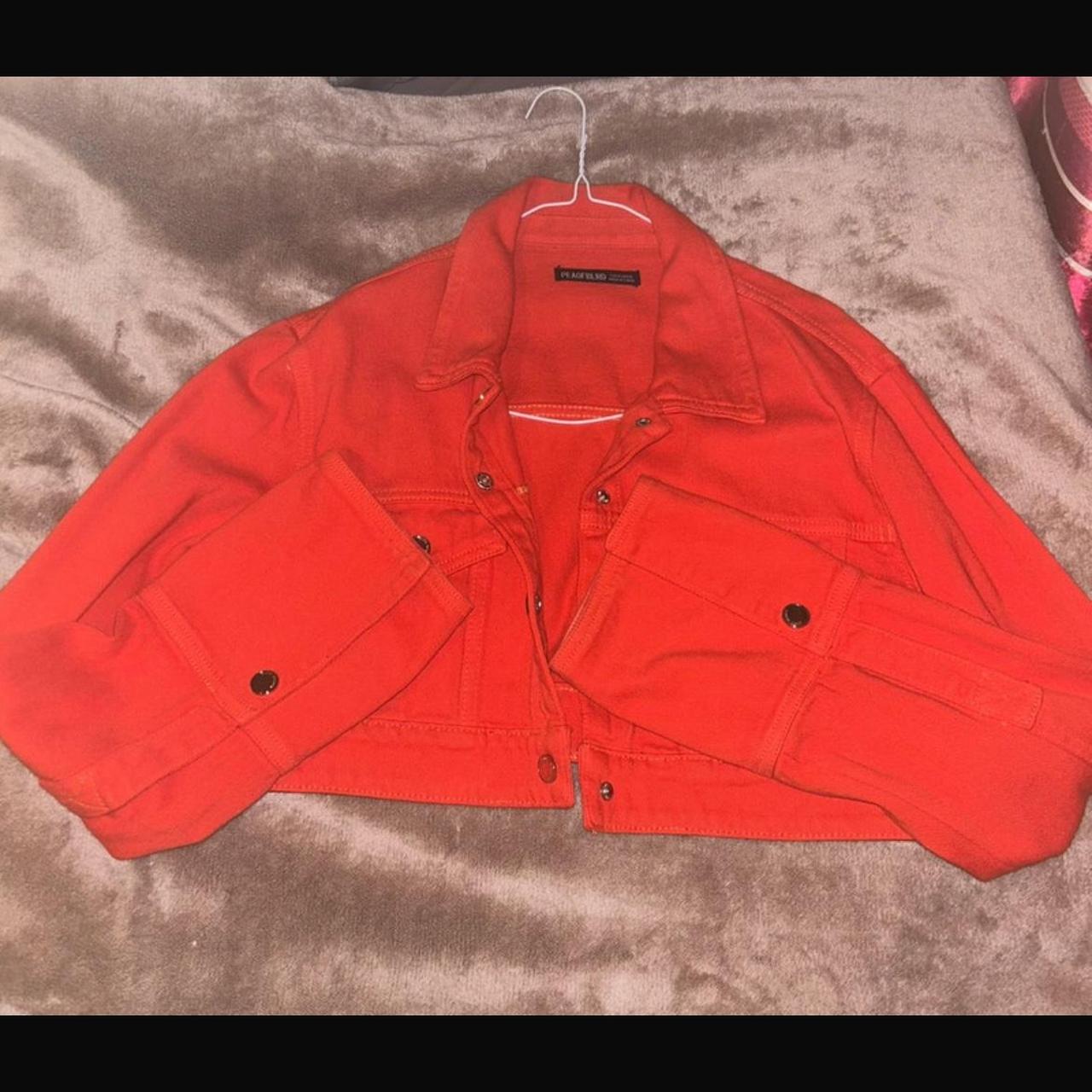 Red cropped denim jacket Worn once - Depop