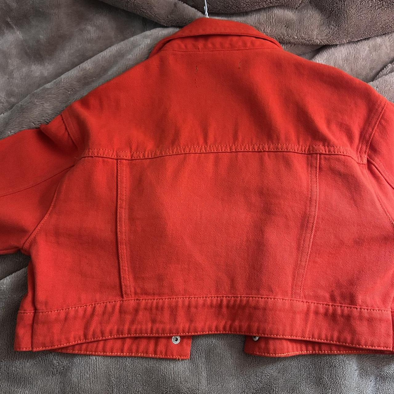 Red cropped denim jacket Worn once - Depop