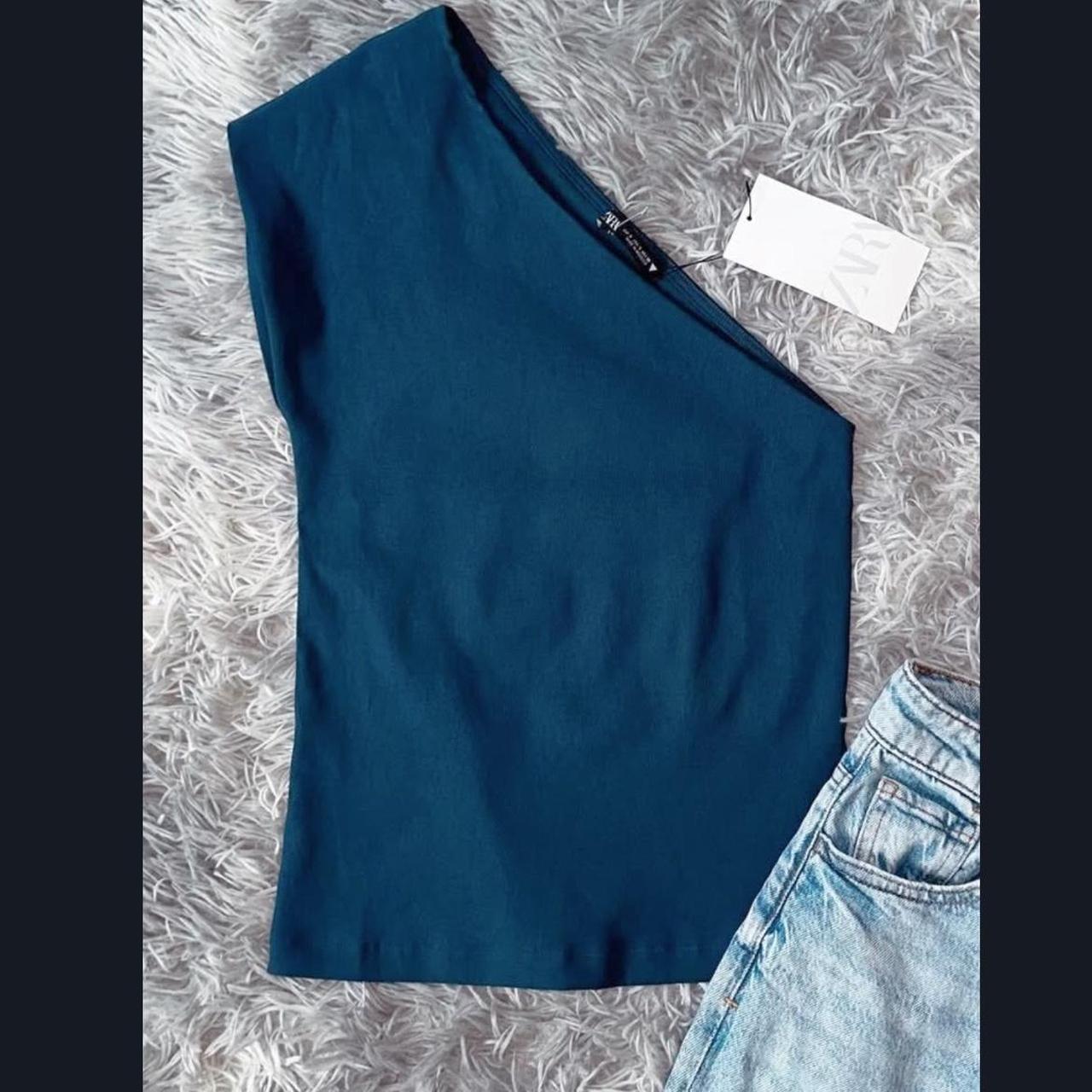Teal blue one shoulder top #zara Size uk s Zip... | Depop